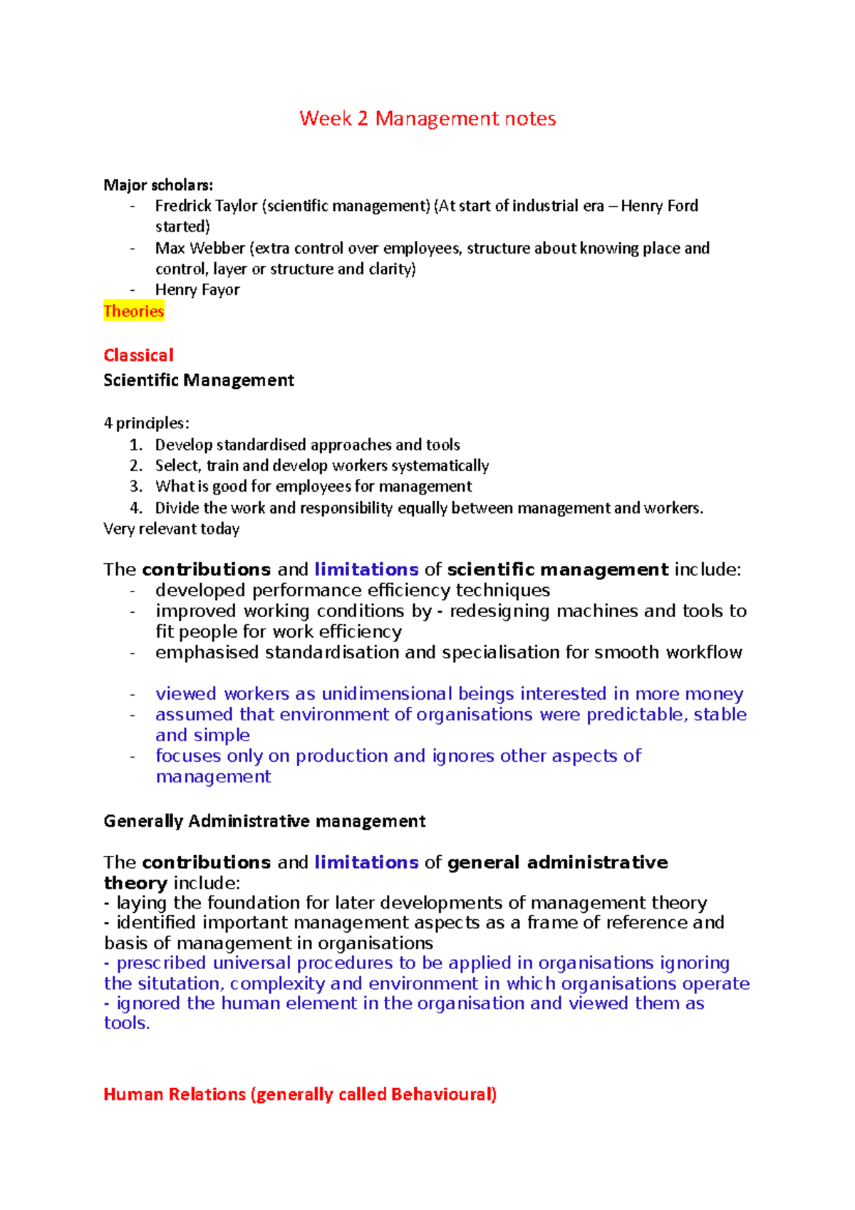 Week 2 Management notes - Week 2 Management notes Major scholars ...