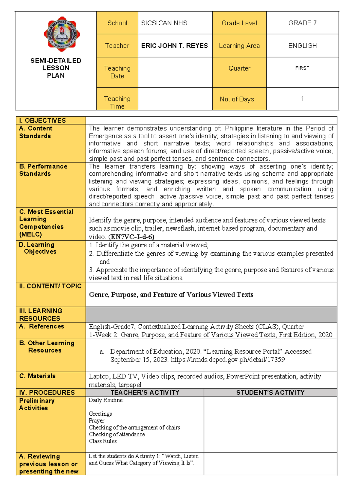 Types of Viewing Genre Lesson Pla - I. OBJECTIVES A. Content Standards ...