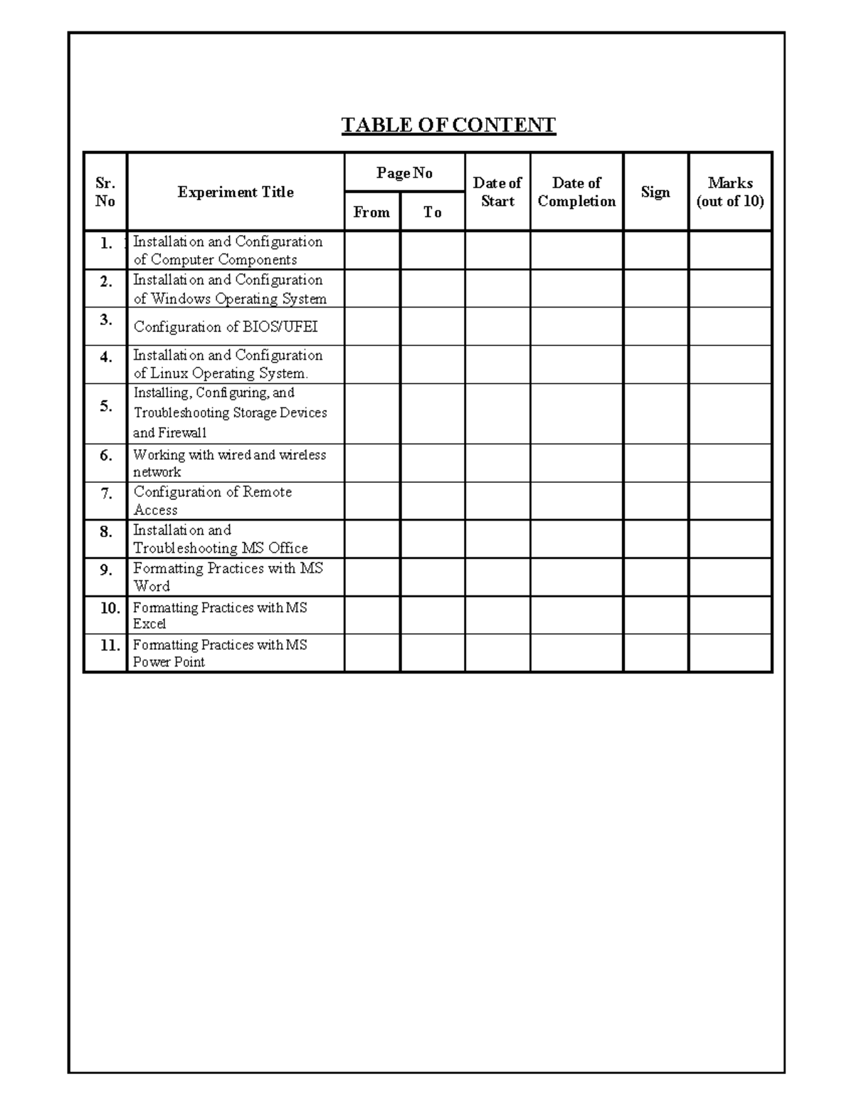 Experiment - 1 CE - thanks - TABLE OF CONTENT Sr. No Experiment Title Page No Date of Start Date ...