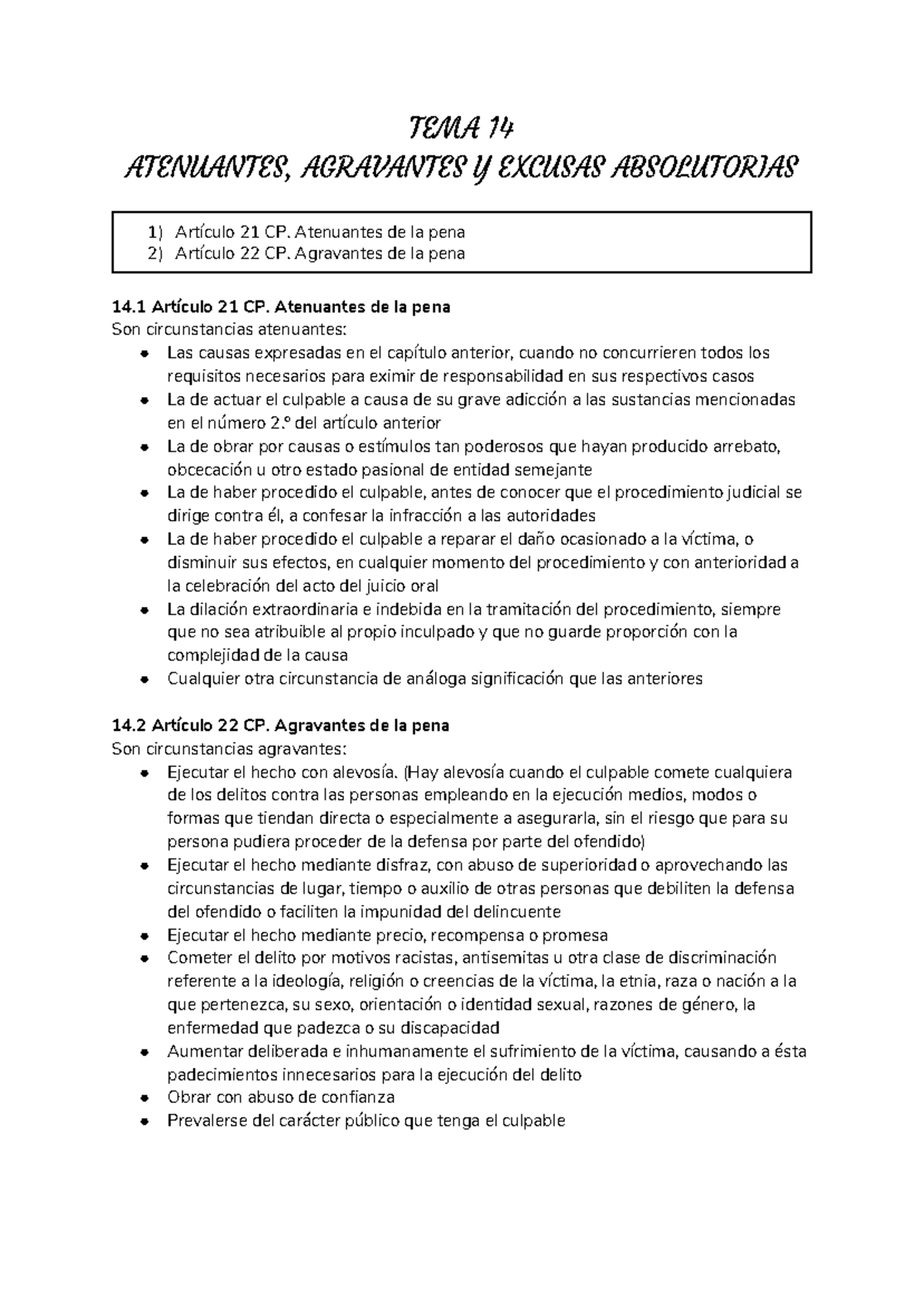 TEMA 14 - Derecho Penal I - TEMA 14 ATENUANTES, AGRAVANTES Y EXCUSAS ...