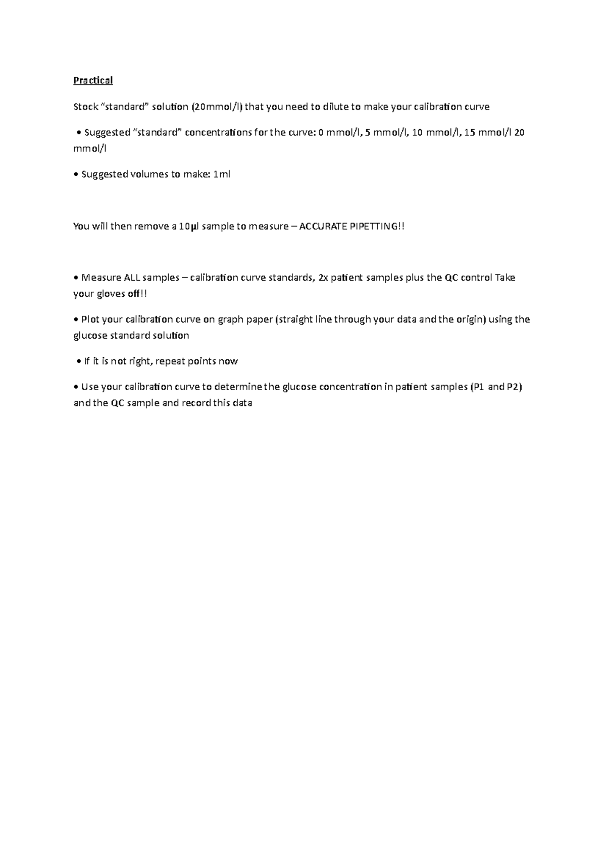 Glucose practical 2 - Practical Stock “standard” solution (20mmol/l ...