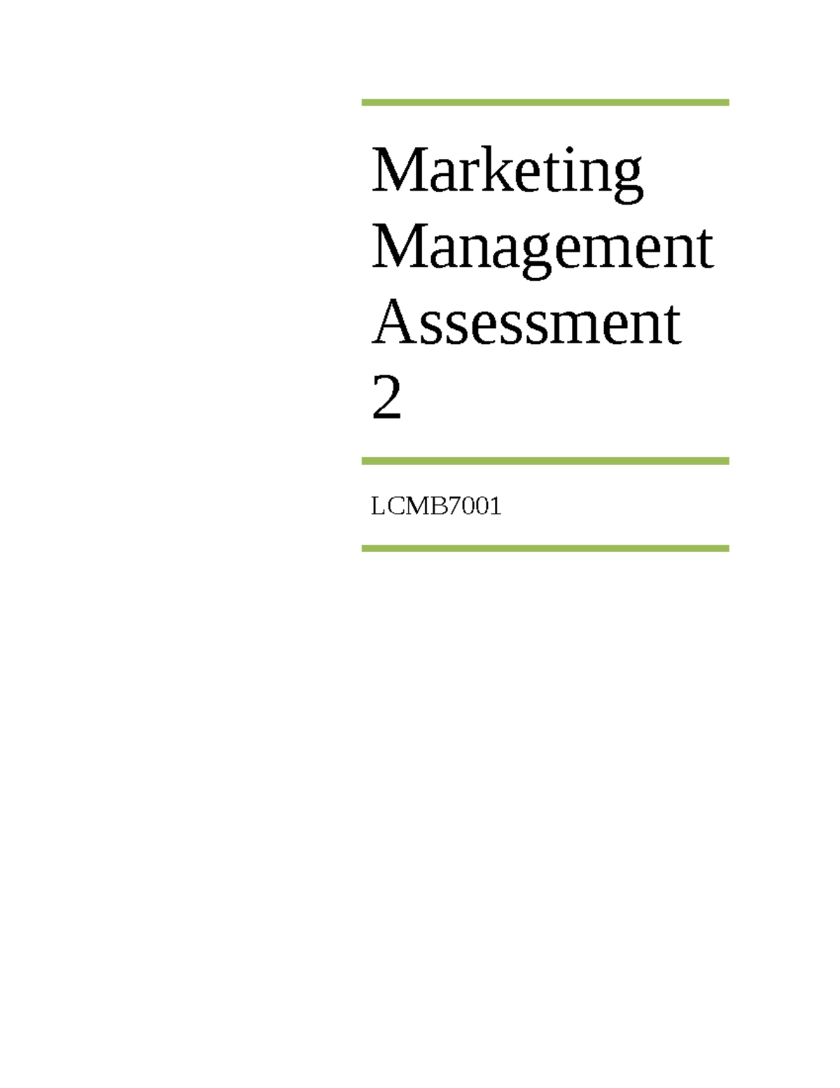 Marketing Management assessment 2 1 - Marketing Management Assessment 2 ...