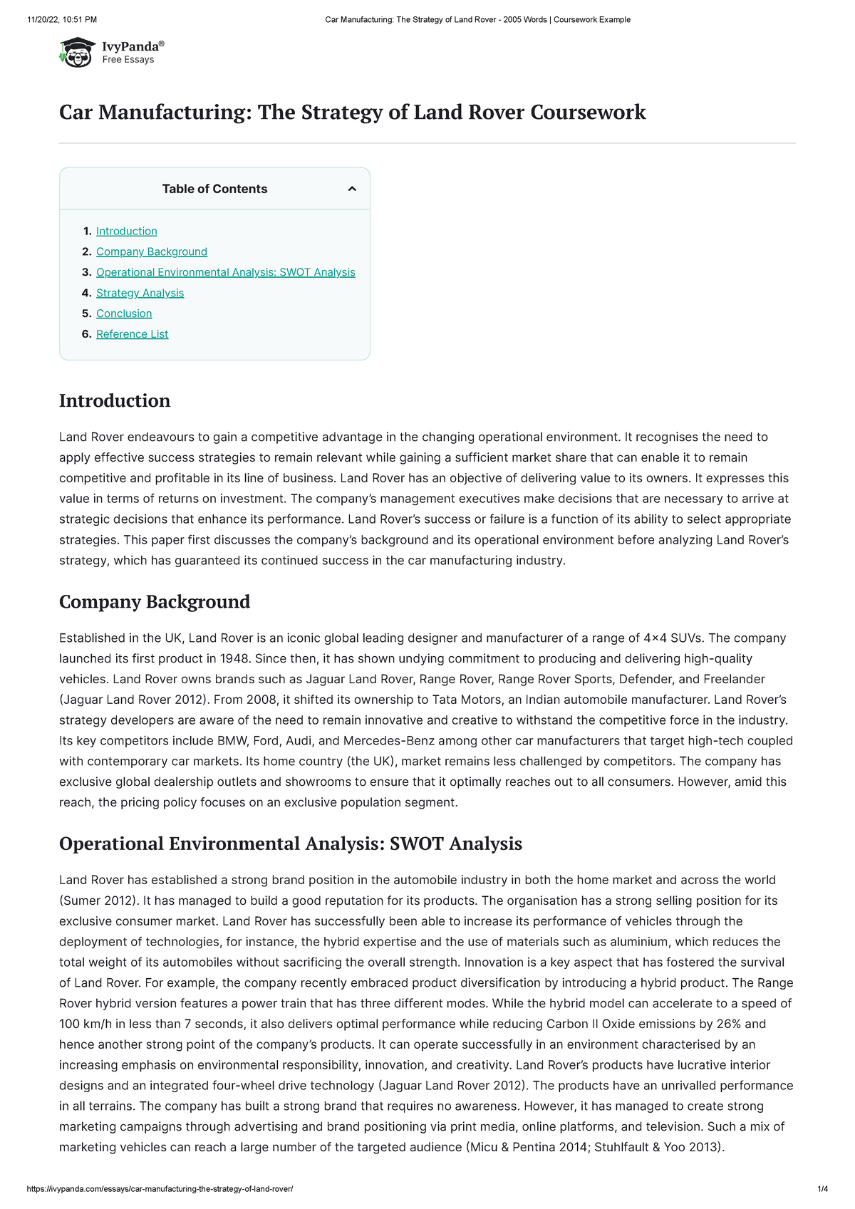 1.Car Manufacturing The Strategy of Land Rover - 2005 Words Coursework ...