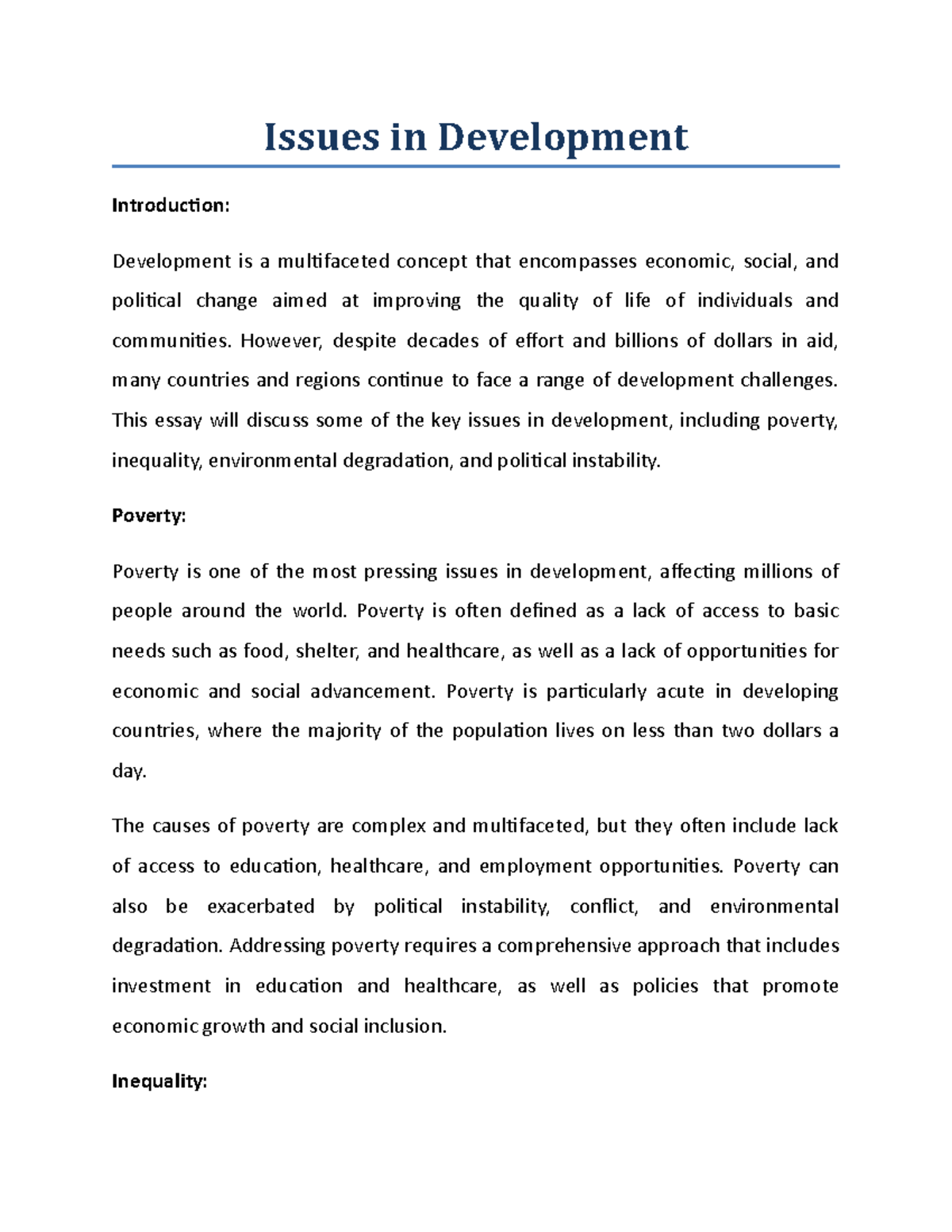 Issues in Development - Issues in Development Introduction: Development ...