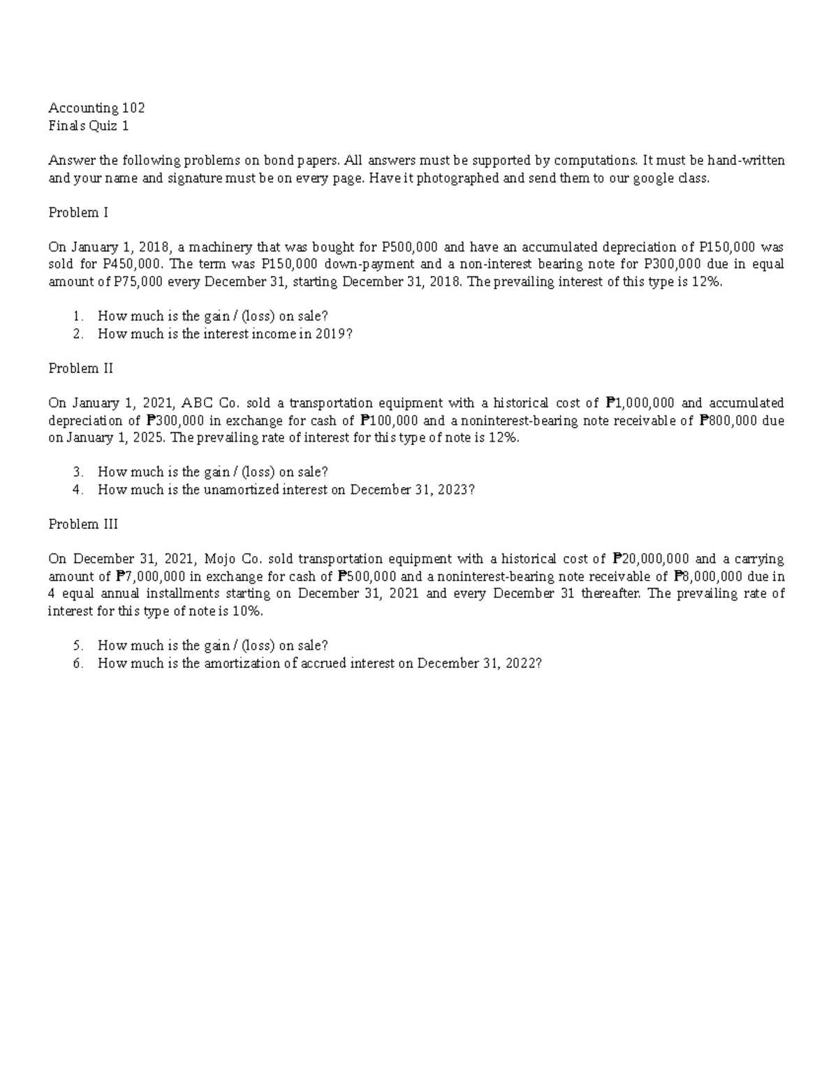 Finals Quiz 1 - ACCOUNTANCY STUDENT - Accounting 102 Finals Quiz 1 ...