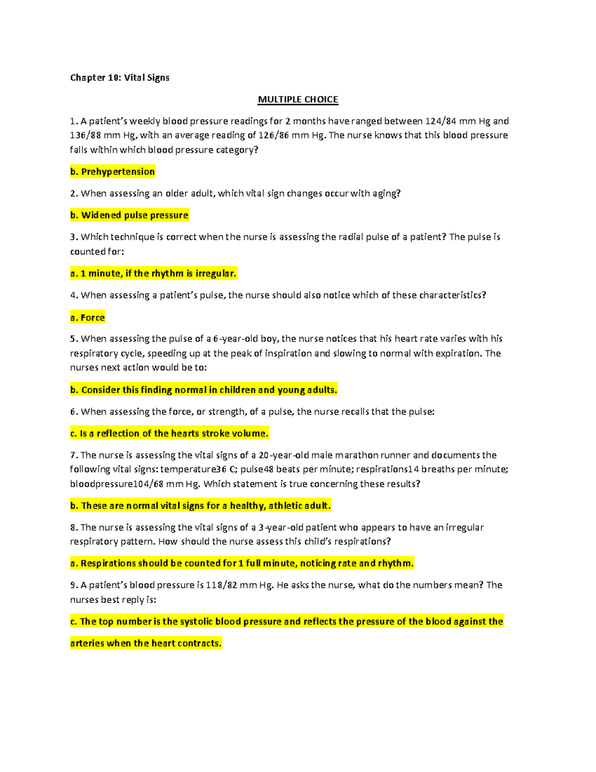 Healthassessnew - Work - Chapter 10: Vital Signs MULTIPLE CHOICE A ...