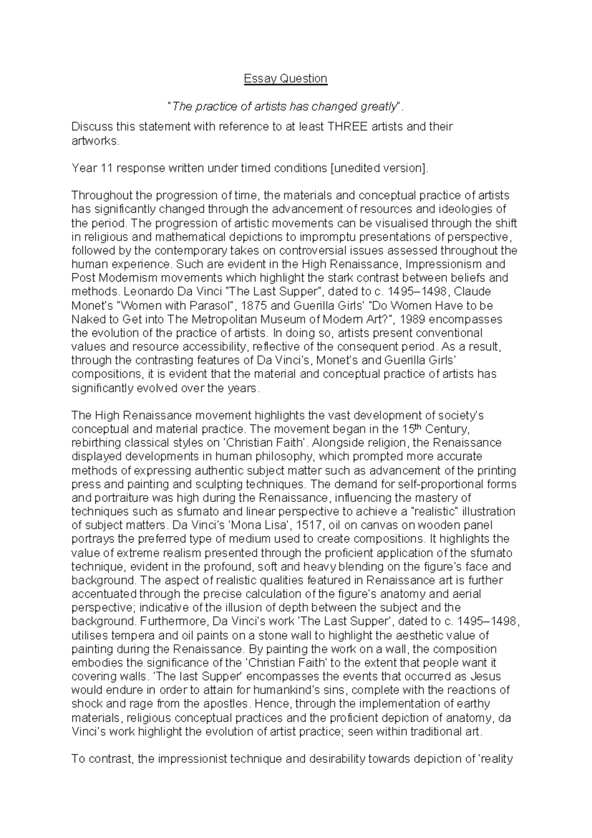 Year 11 Sample Essay - Task 1 - Essay Question “The practice of artists ...