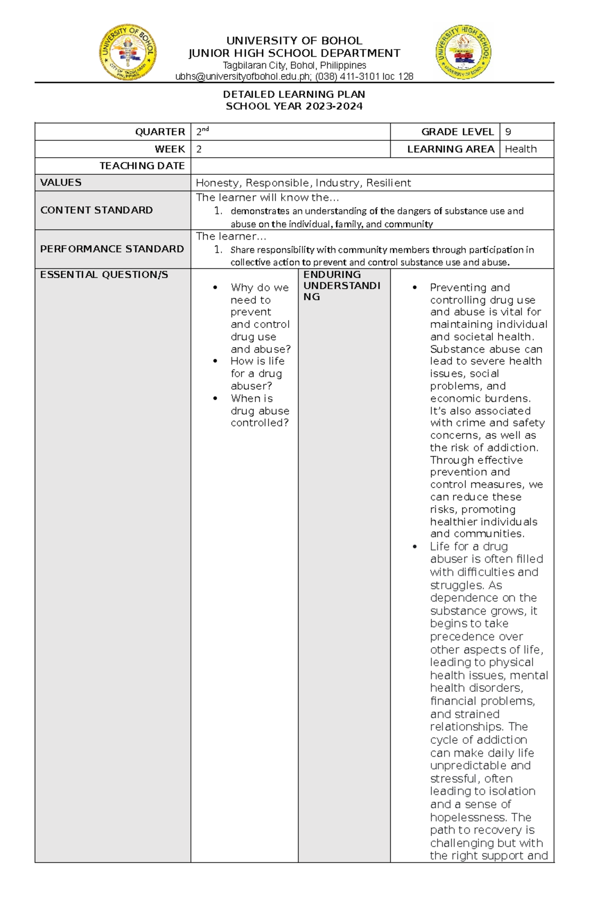 DLP Health UNIT 2- Lesson 3 - UNIVERSITY OF BOHOL JUNIOR HIGH SCHOOL ...