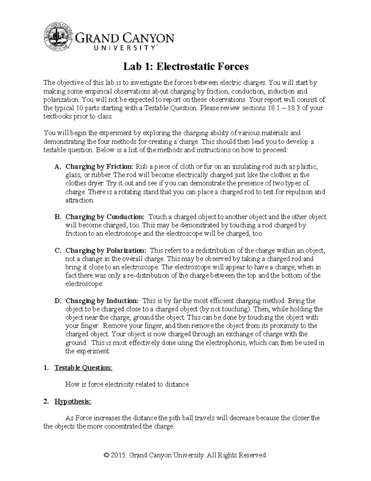 PHY112L - lab - Lab 1: Electrostatic Forces The objective of this lab ...