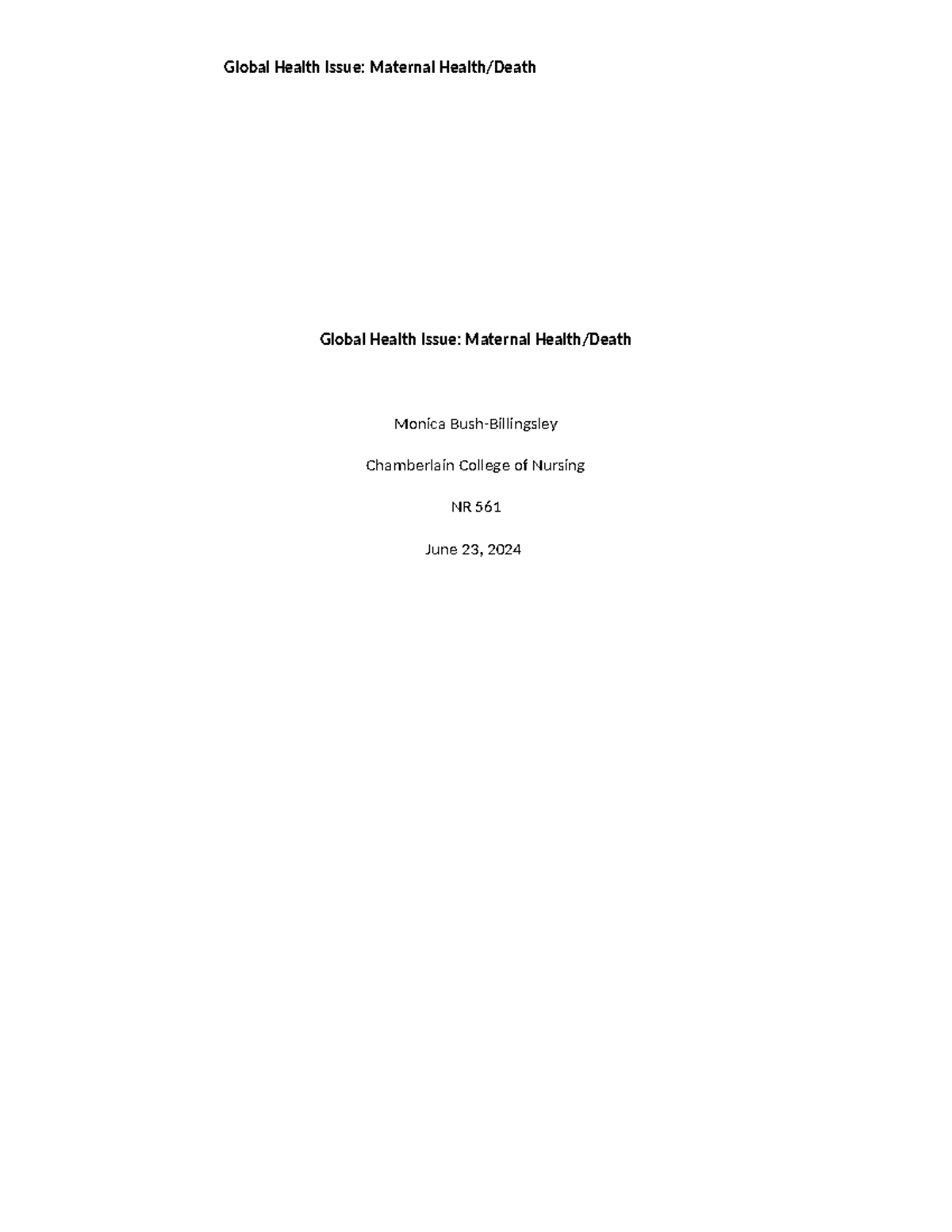 Global Health Issue - assignment - Global Health Issue: Maternal Health ...