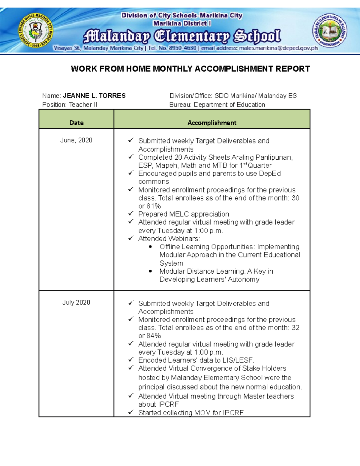 Monthly- Accomplishment- Report Torres - WORK FROM HOME MONTHLY ...