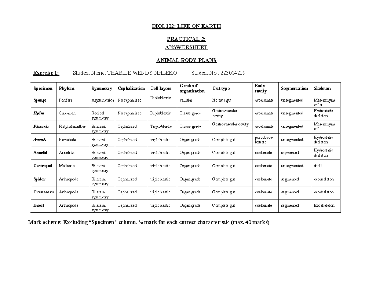 Practical 2 Answer Sheet - BIOL102: LIFE ON EARTH PRACTICAL 2 ...