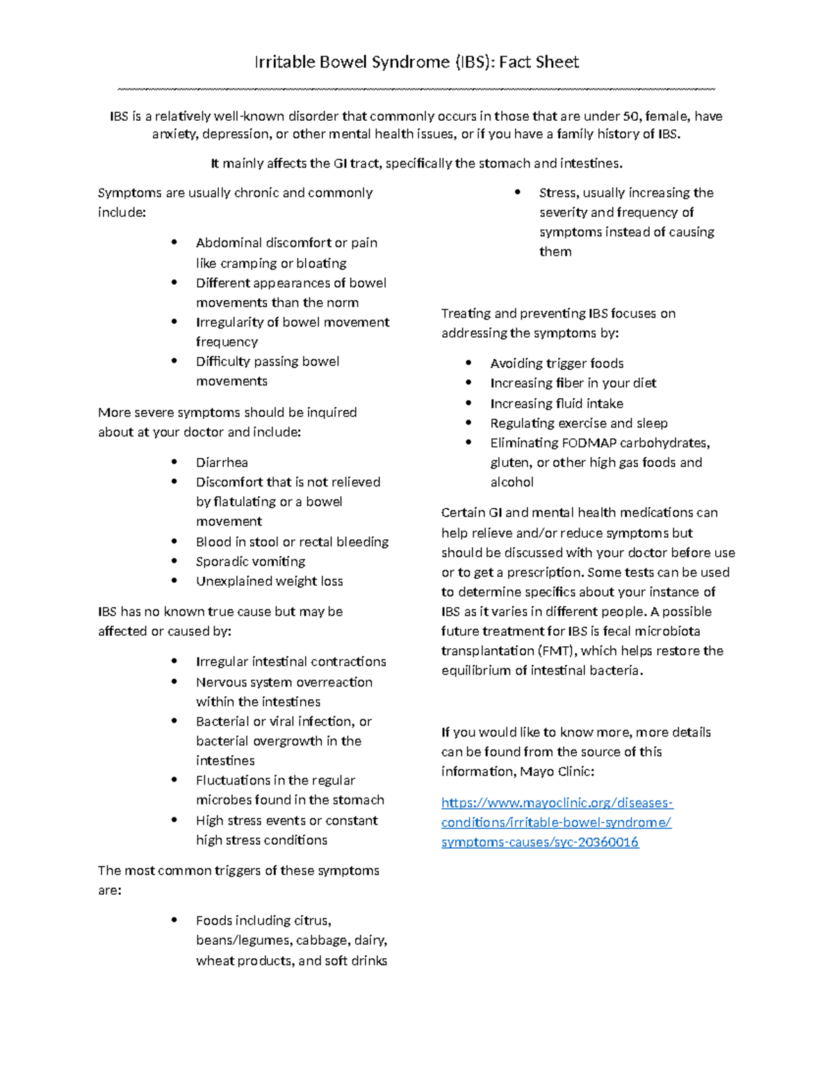 Irritable Bowel Syndrome Fact Sheet - Irritable Bowel Syndrome (IBS ...