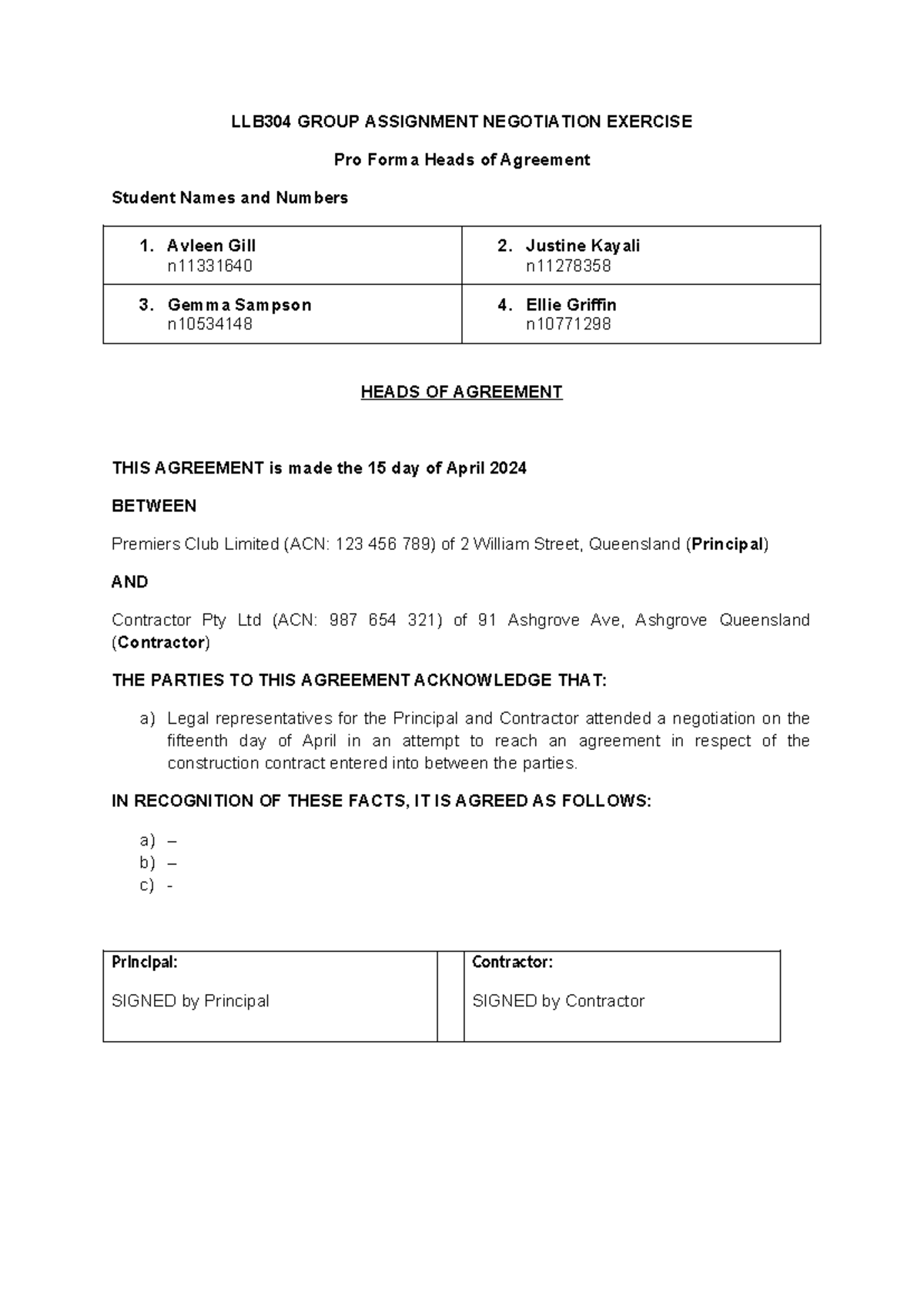 24Heads of Agreement Assessment Pro Forma 2024 - LLB304 GROUP ASSIGNMENT NEGOTIATION EXERCISE ...