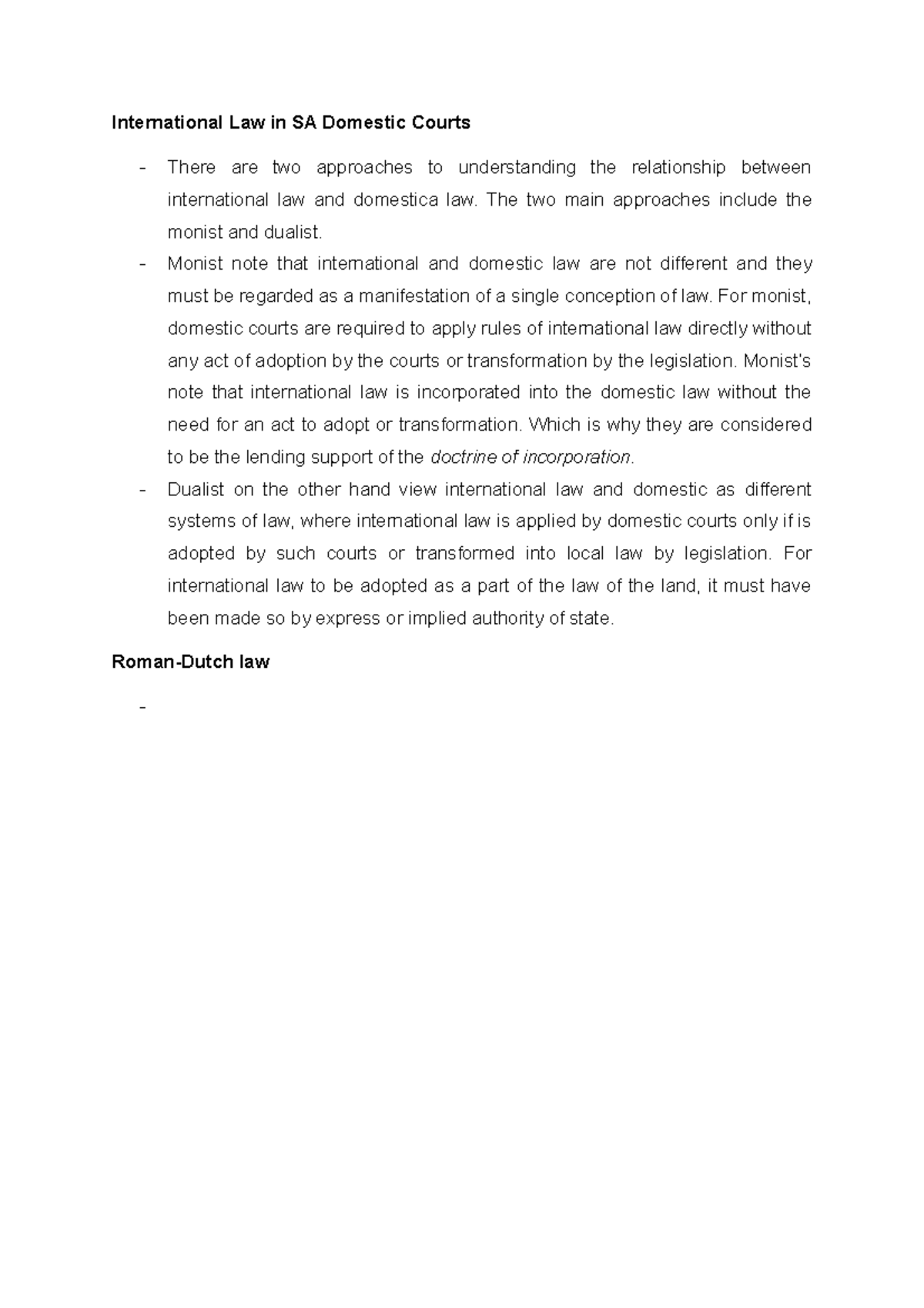 International Law in SA Domestic Courts - The two main approaches ...