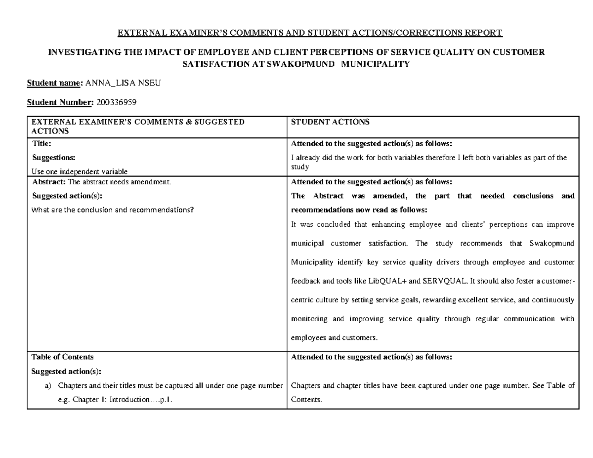 External Examiner - Corrections Table - EXTERNAL EXAMINER’S COMMENTS ...