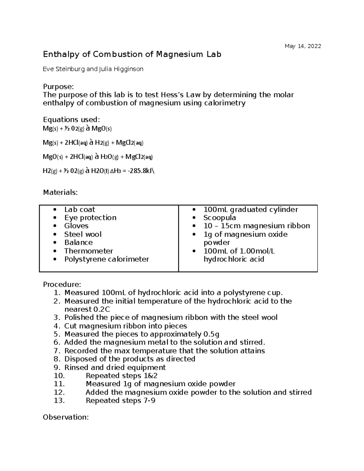 Enthalpy of Combustion of Magnesium Lab (correct) - May 14, 2022 ...