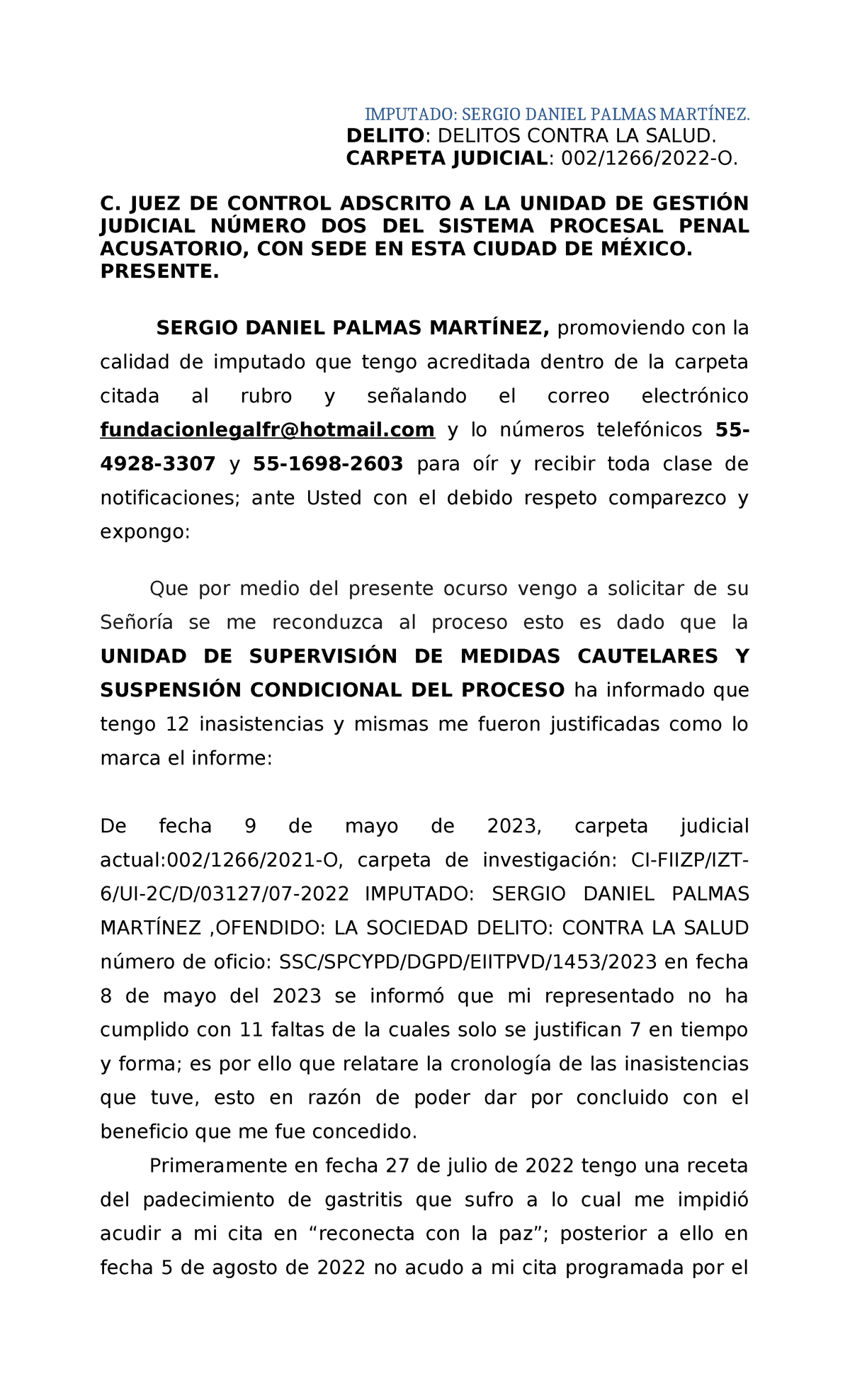 Escrito Usmeca - IMPUTADO: SERGIO DANIEL PALMAS MARTÍNEZ. DELITO ...