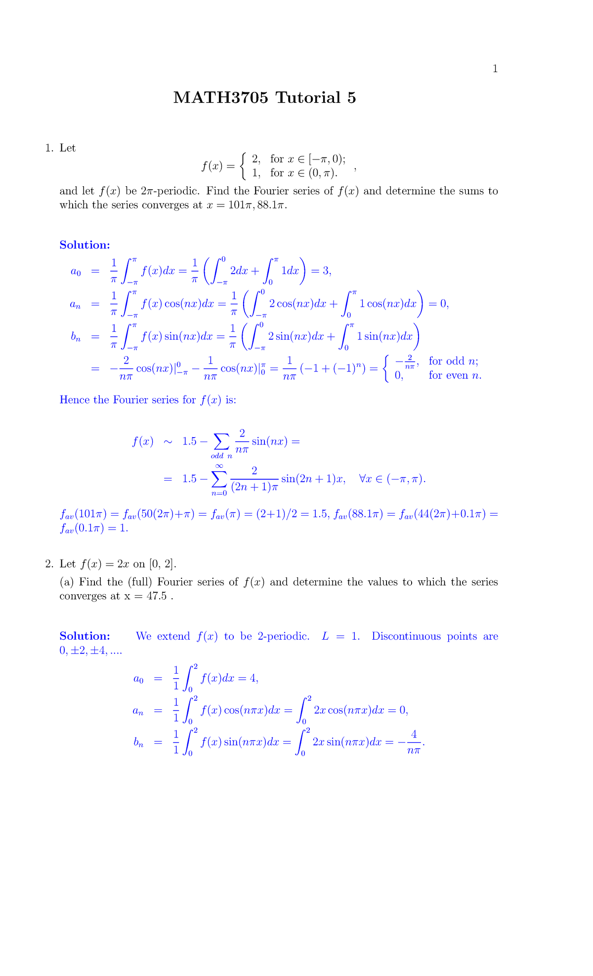 3705tut5-sol - Tutorial 5 - MATH3705 Tutorial 5 Let f(x) = { 2 , forx∈ ...