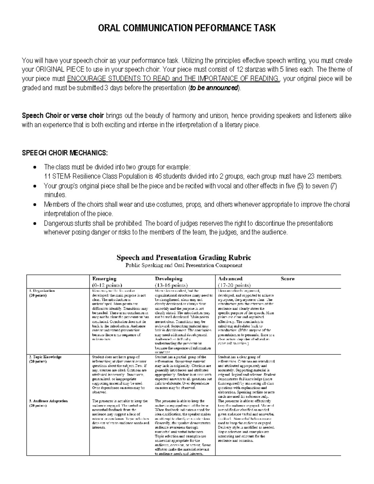 ORAL Communication Peformance TASK - ORAL COMMUNICATION PEFORMANCE TASK You will have your ...