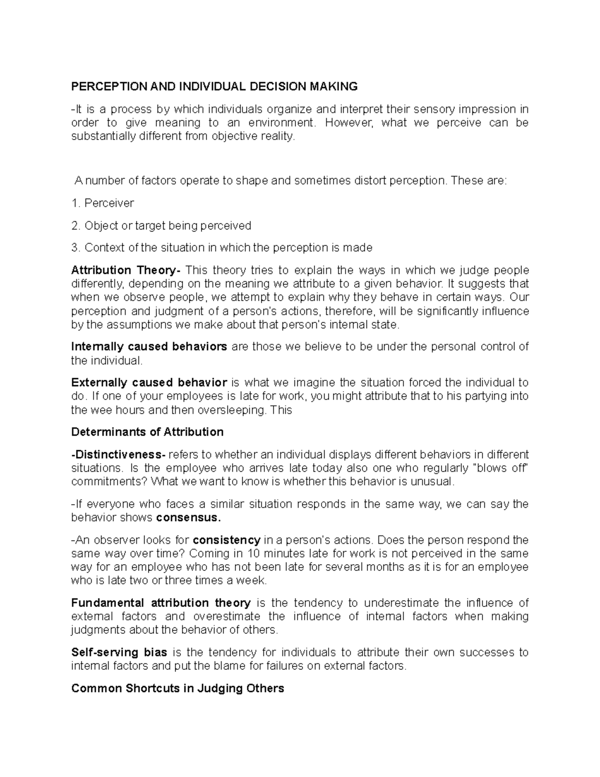 Perception AND Individual Decision Making-Notes - PERCEPTION AND ...