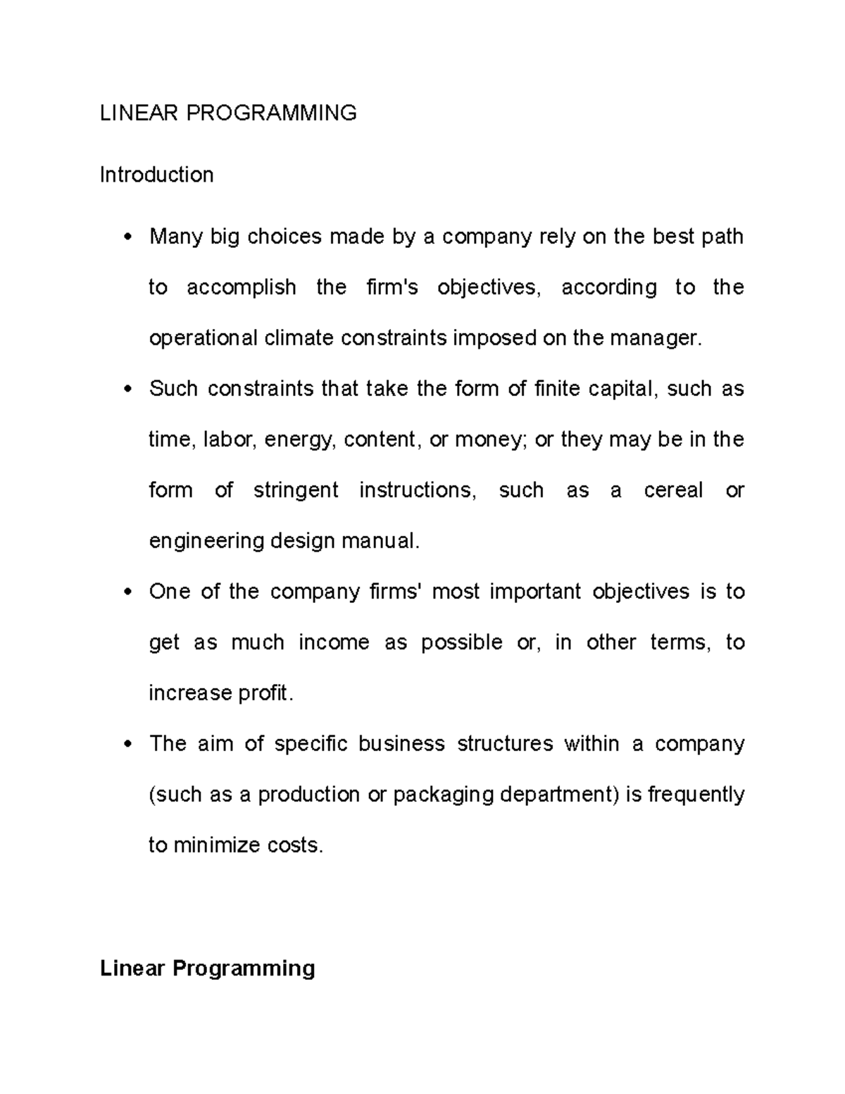 Linear Programmingggg - LINEAR PROGRAMMING Introduction Many big ...