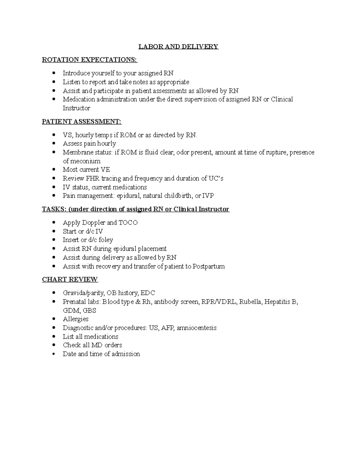 Labor AND Delivery Clinical Expectations (1) - LABOR AND DELIVERY ...