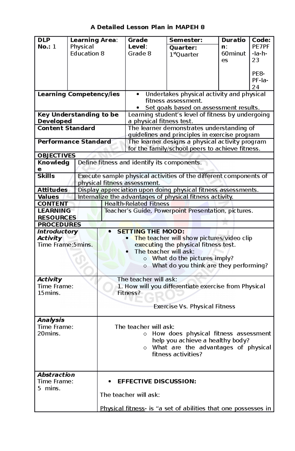 PE8 Q1 DLP1 - pe DLP - A Detailed Lesson Plan in MAPEH 8 DLP No.: 1 ...