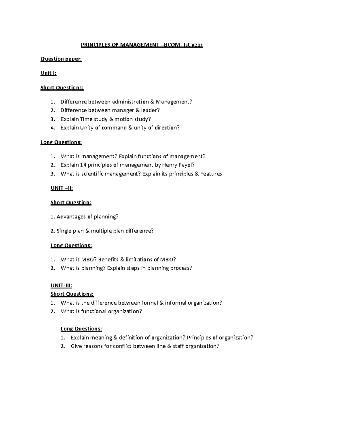 POM Bcom 1st Org behaviour BBA1st - PRINCIPLES OF MANAGEMENT –BCOM- Ist ...