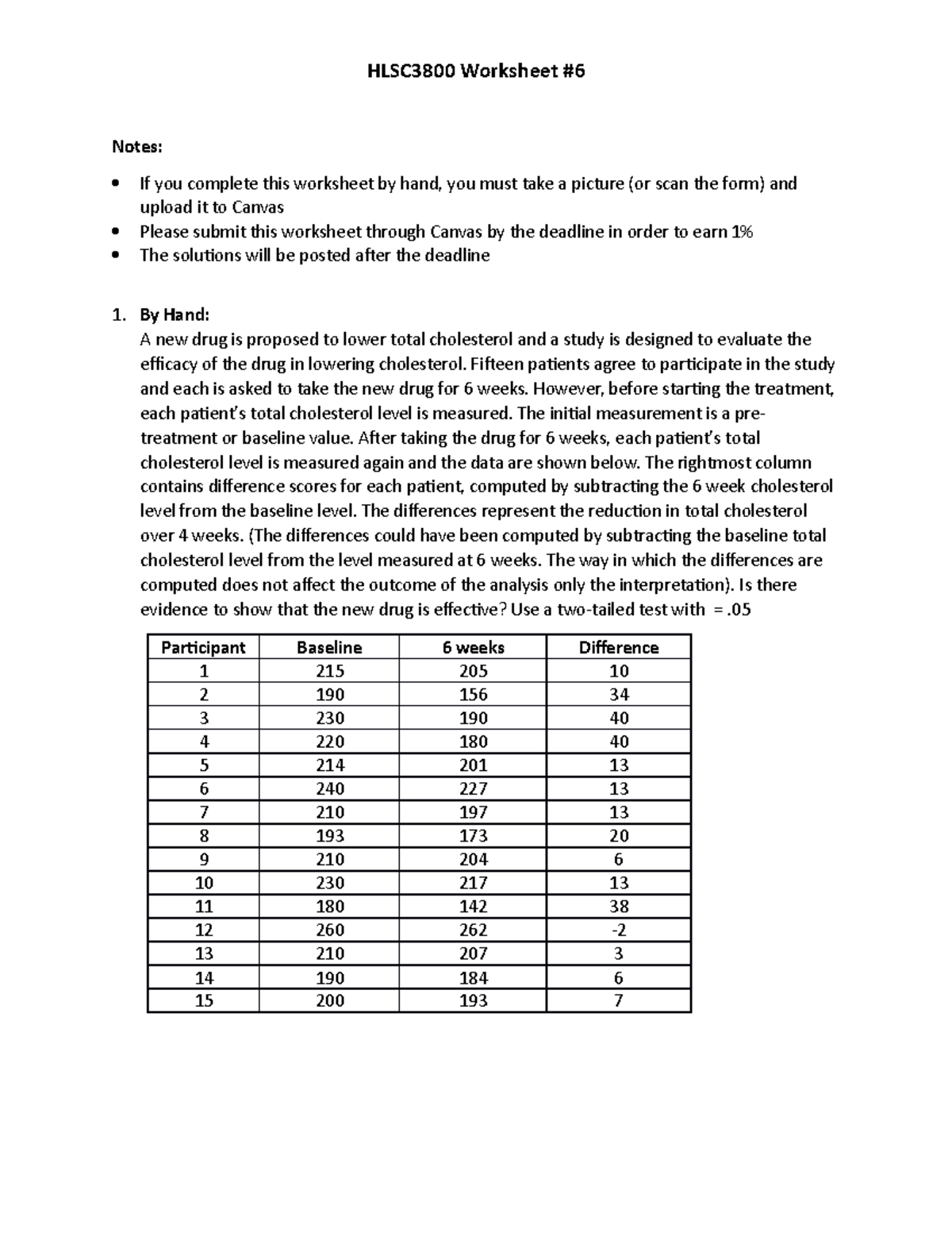 Worksheet 6 - statistics - HLSC3800 Worksheet Notes: If you complete ...