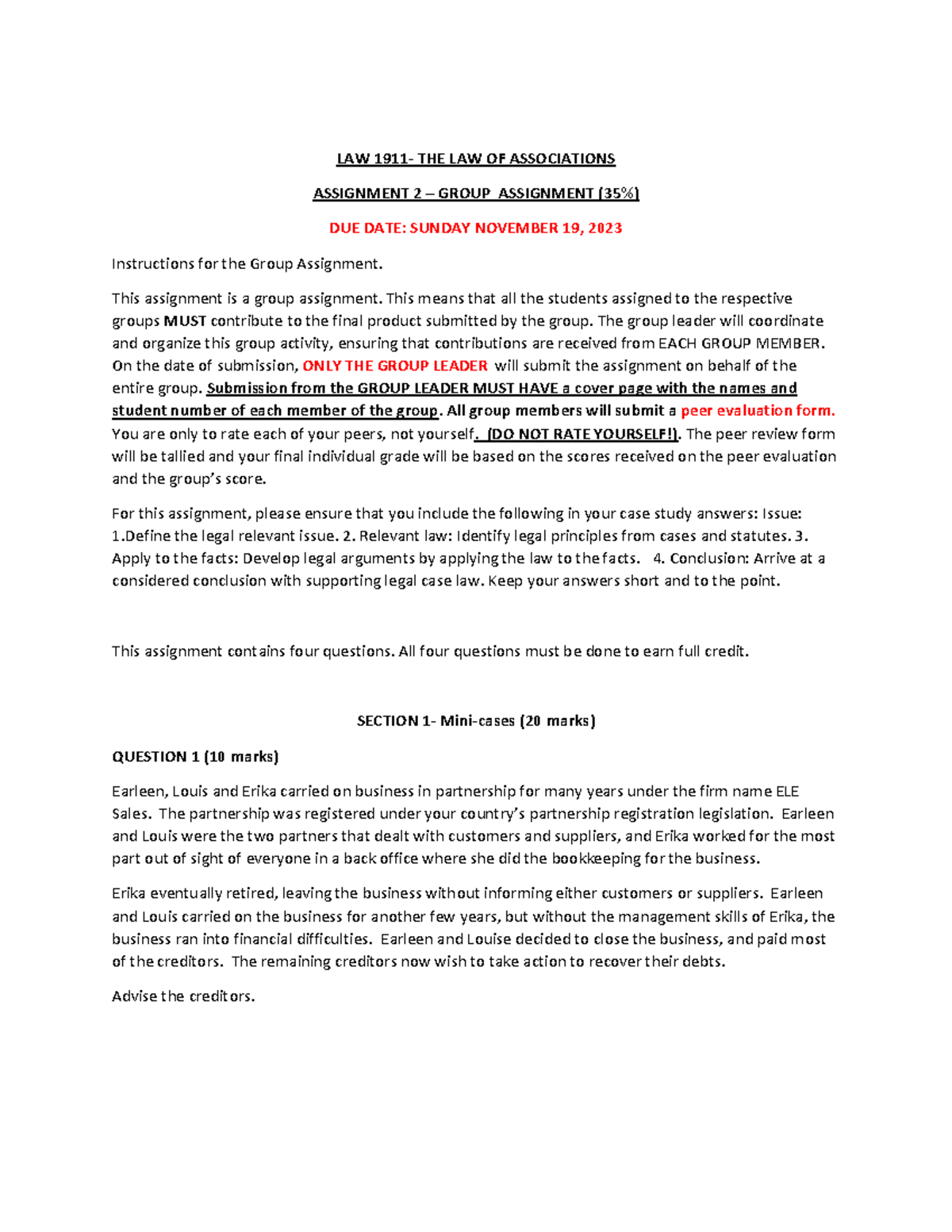 LAW 1911- Group assignment Semester 1 2023-24 - LAW 1911- THE LAW OF ...