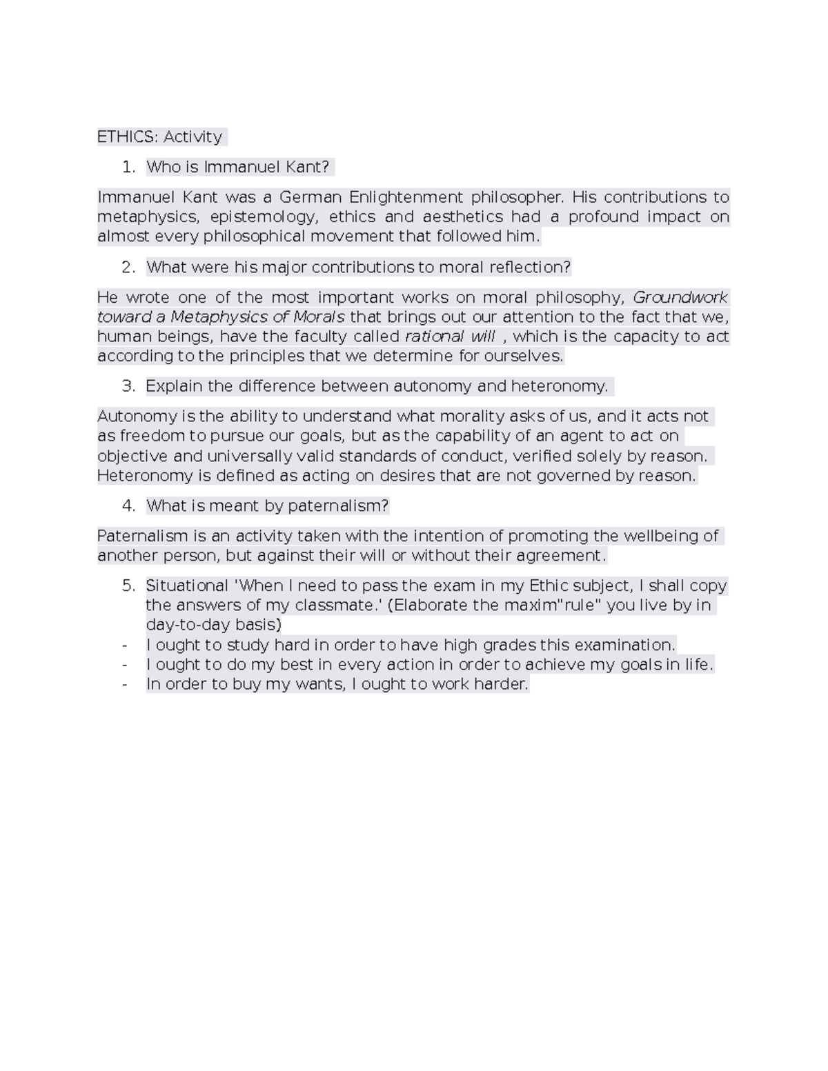 Activity ethics - ETHICS: Activity 1. Who is Immanuel Kant? Immanuel ...