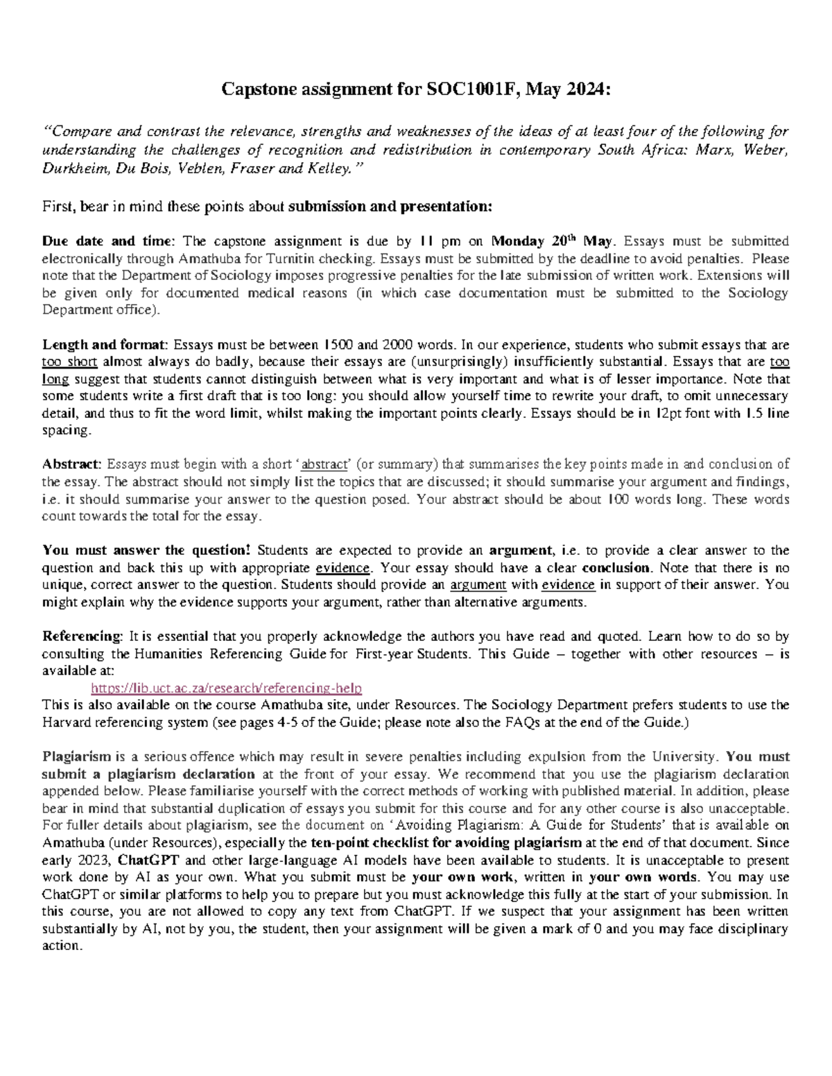 Suggestions for capstone assignment SOC1001F 2024 - Capstone assignment ...