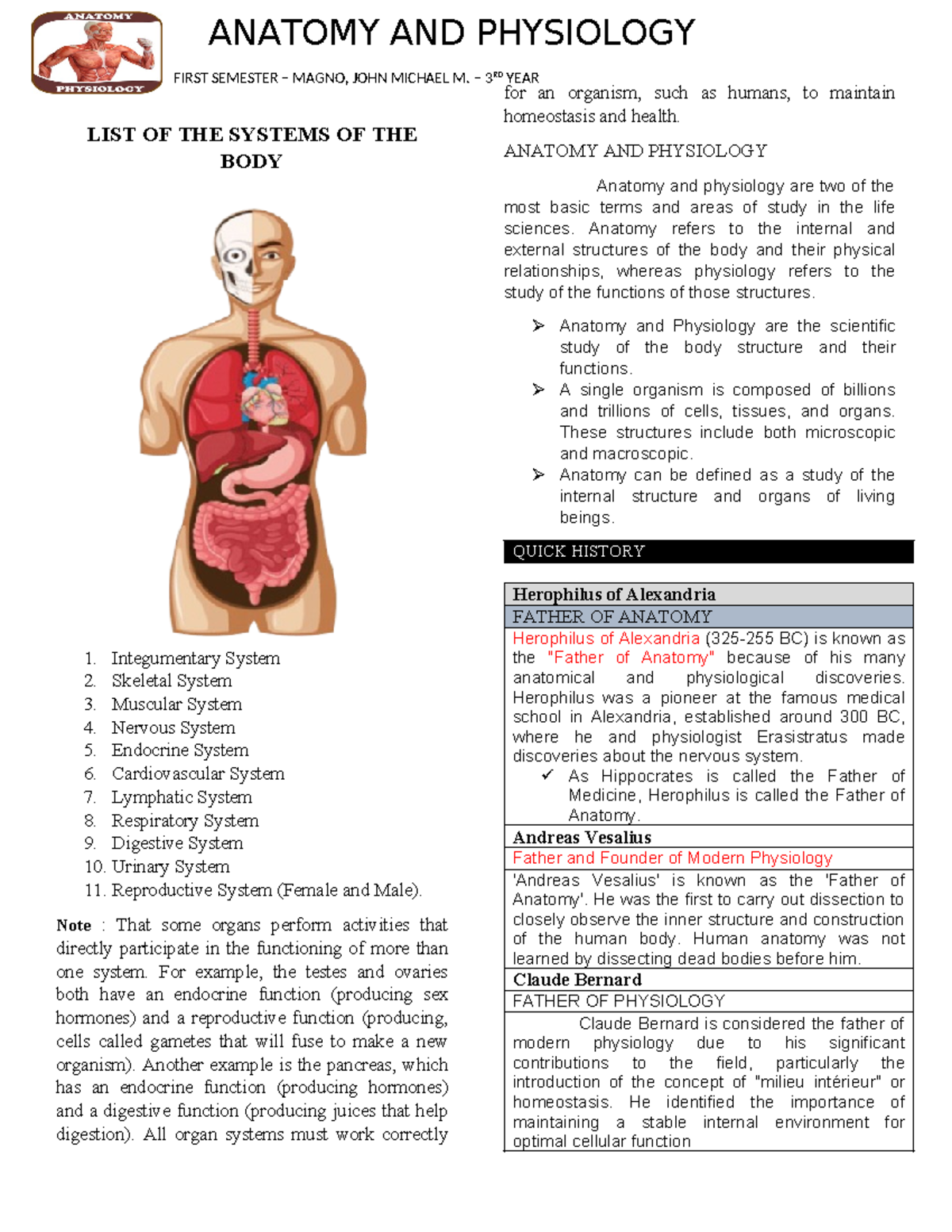 Anatomy and physiology - ####### FIRST SEMESTER – MAGNO, JOHN MICHAEL M ...