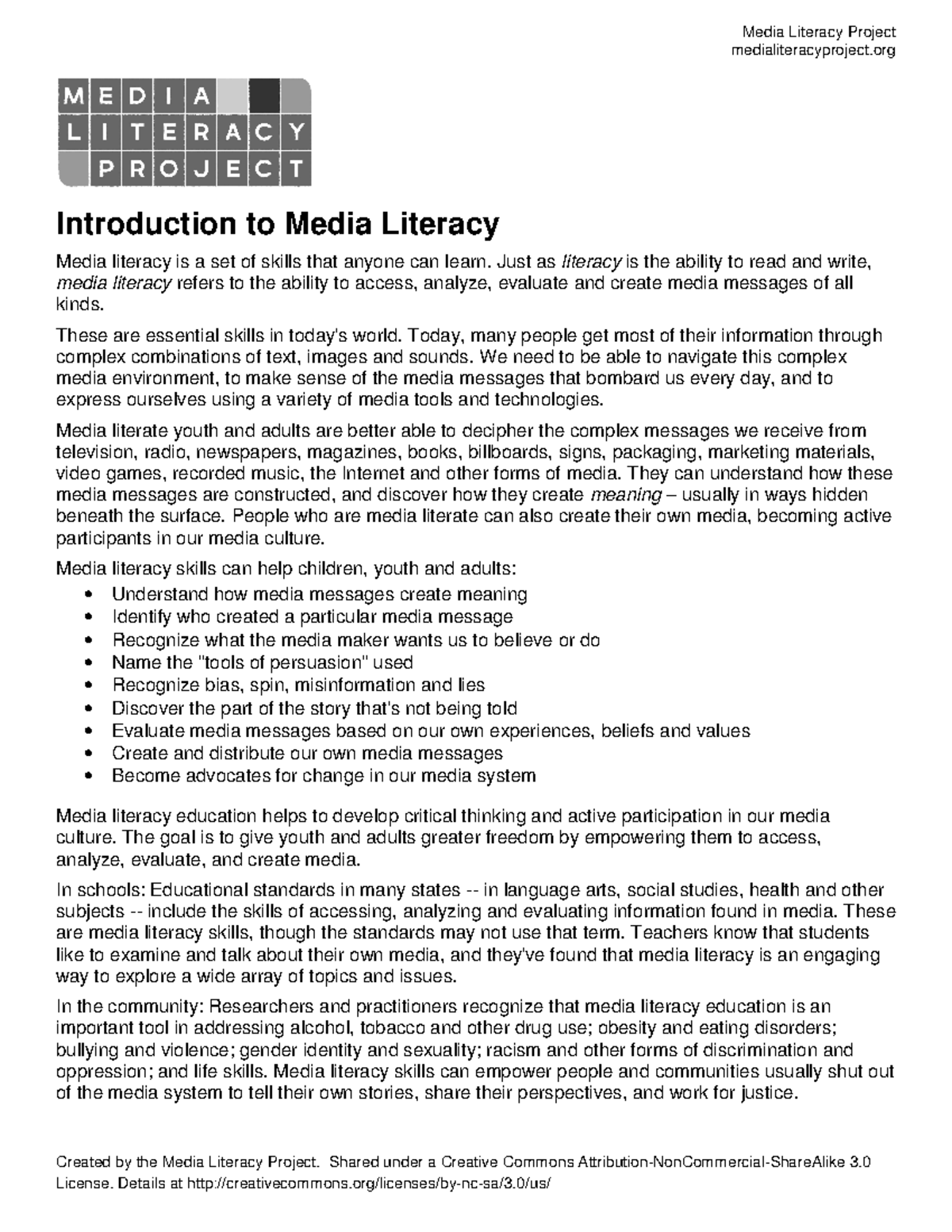 Intro to Media Literacy - Media Literacy Project medialiteracyproject ...