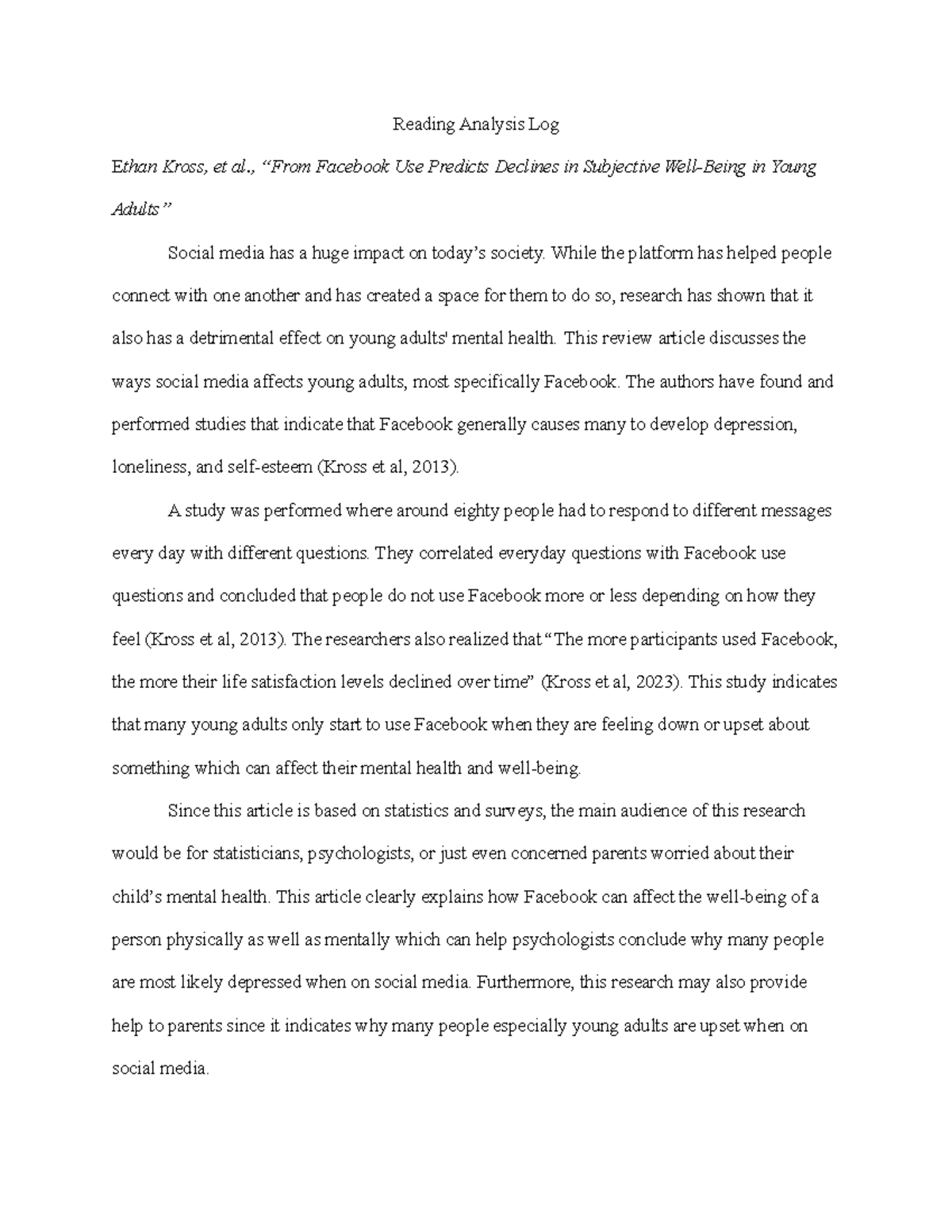 Reading Analysis Log - prep work - Reading Analysis Log Ethan Kross, et ...