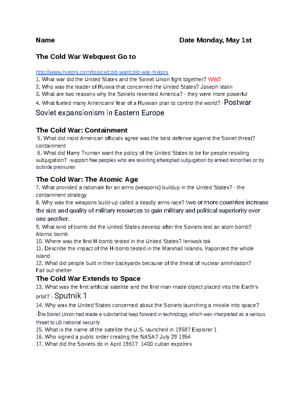 Copy of The Cold War Webquest - Google Docs - Name Date Monday, May 1st ...