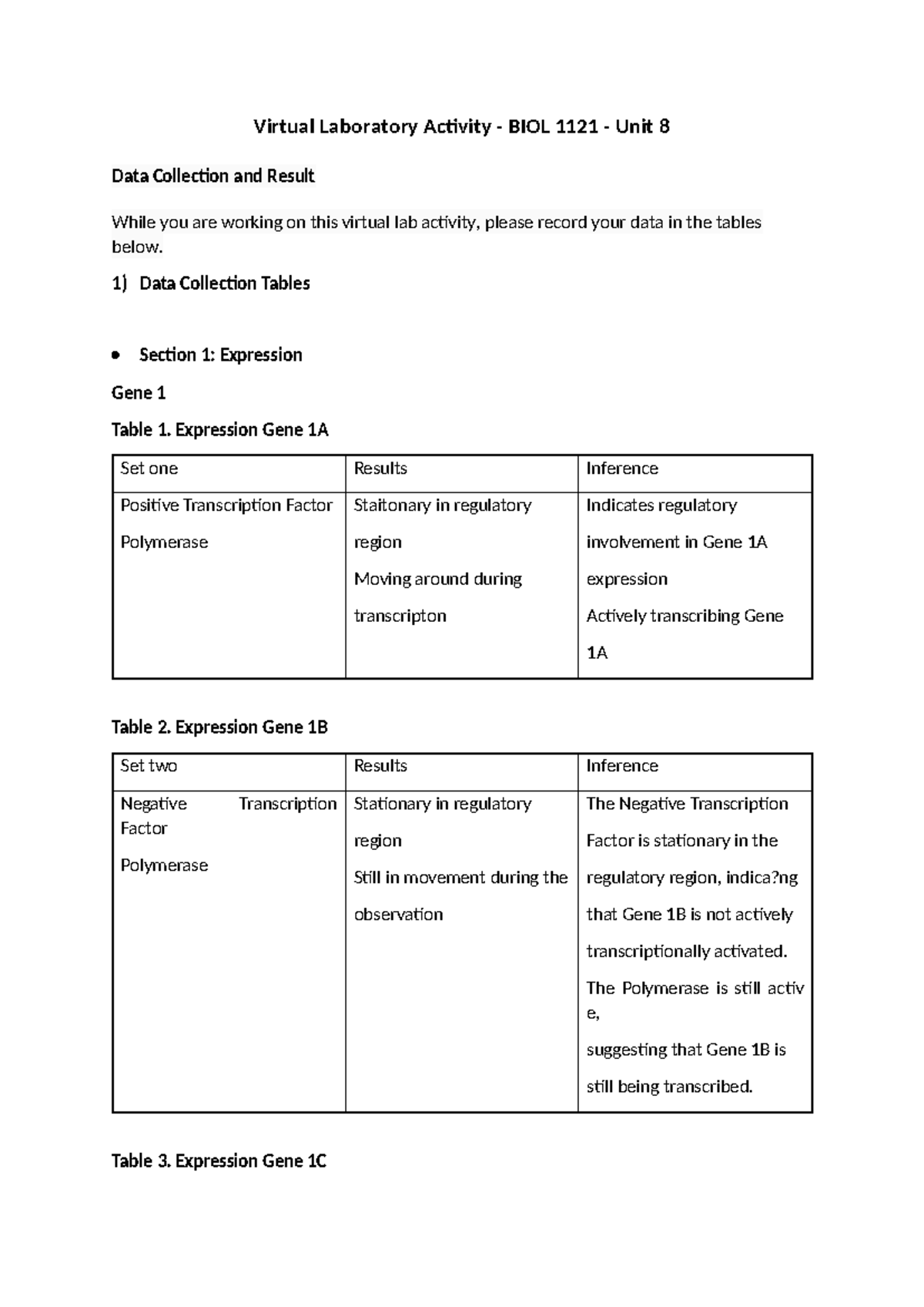 Experiment 6 - Data and Result - Virtual Laboratory Activity - BIOL 1121 - Unit 8 Data ...