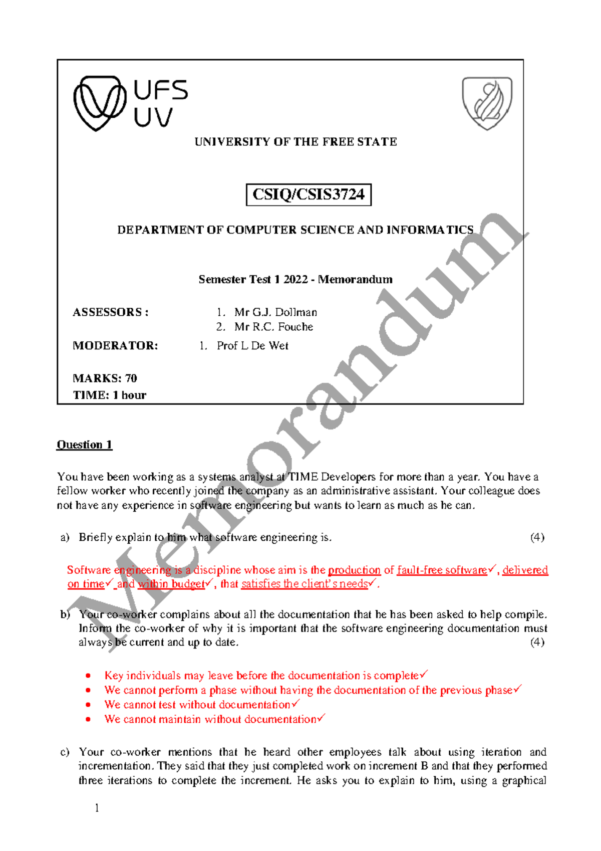 Csisq 3724 Test1 MEMO 2022 - UNIVERSITY OF THE FREE STATE CSIQ/CSIS ...