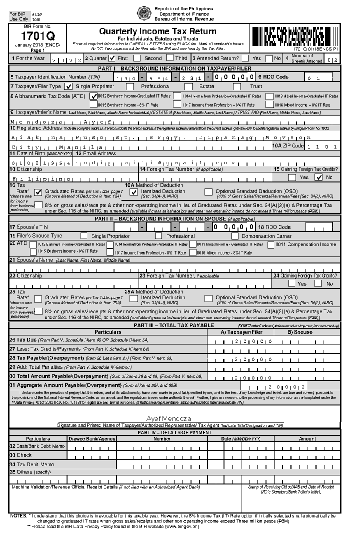 ITR1- Primo - Notes - BIR Form No. 1701Q January 2018 (ENCS) Page 1 ...
