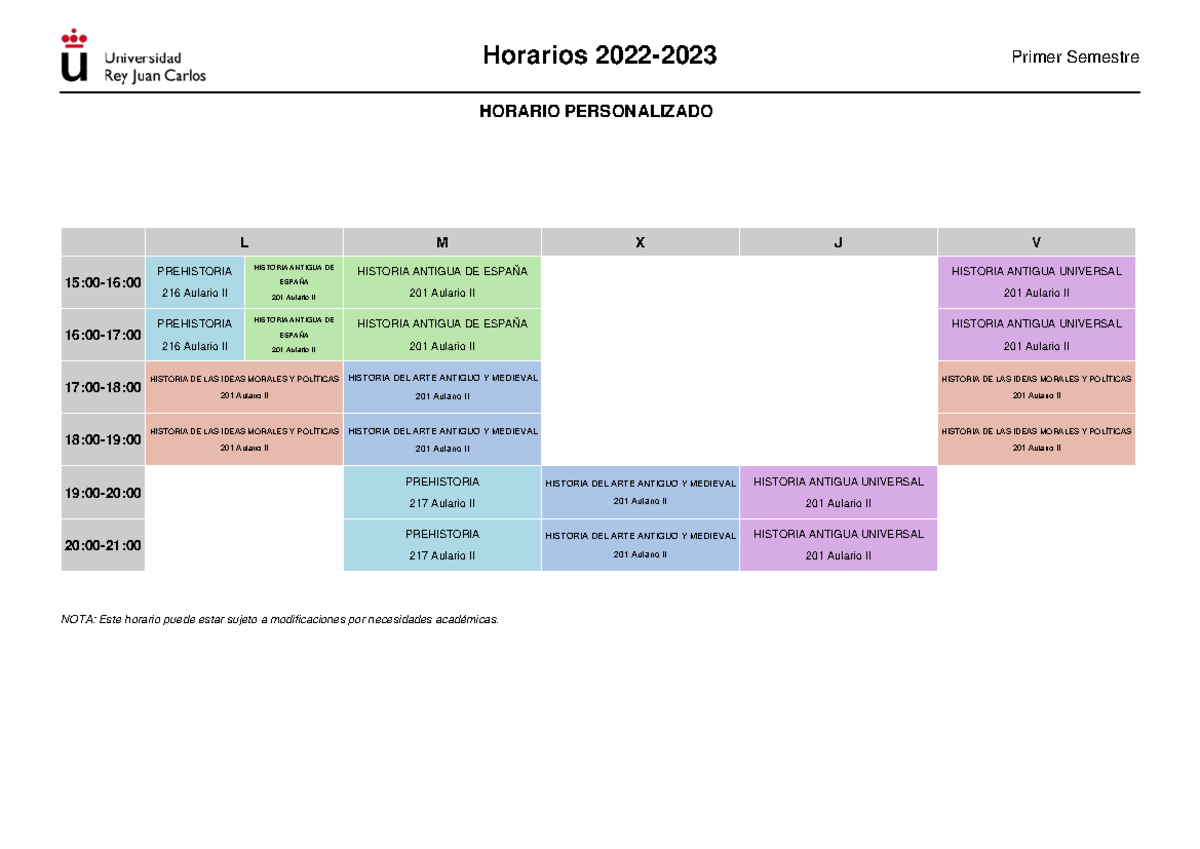 Horario 2022-2023 - hhhshs - Horarios 2022-2023 Primer Semestre HORARIO PERSONALIZADO L M X J V ...
