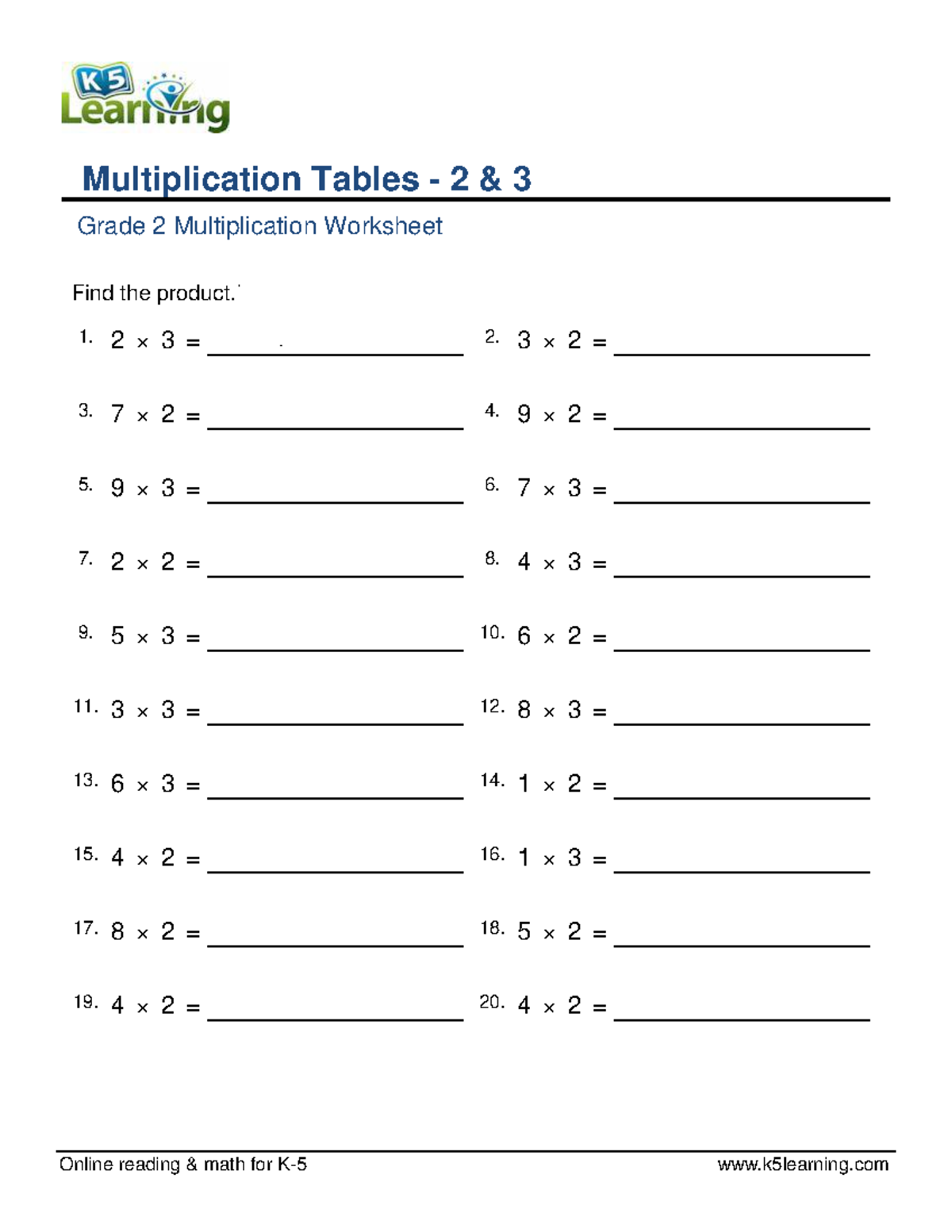 Grade 2 Multiplication Worksheet - Multiplication Tables 2 & 3 - Online ...