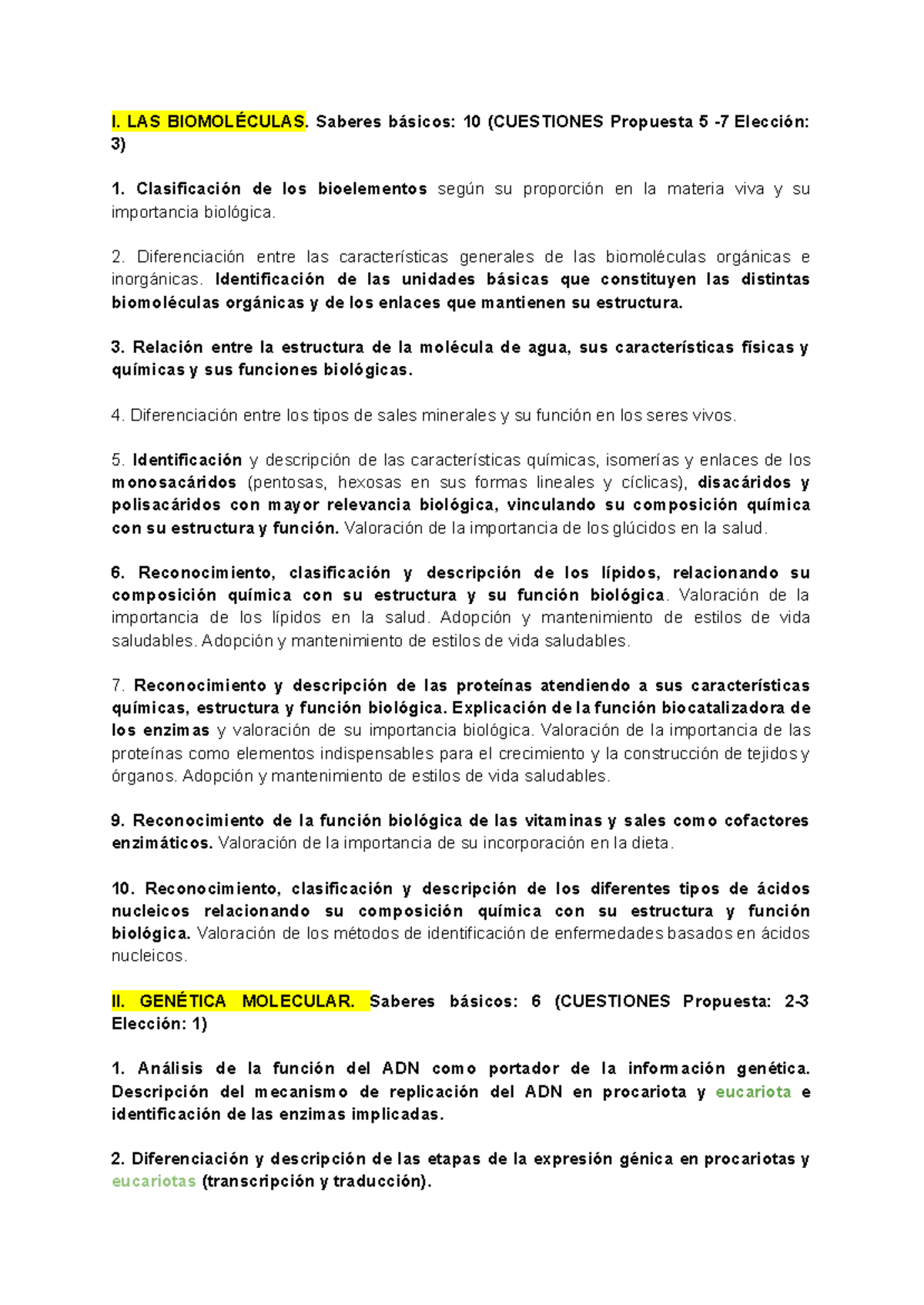 Matriz bio - I. LAS BIOMOLÉCULAS. Saberes básicos: 10 (CUESTIONES ...