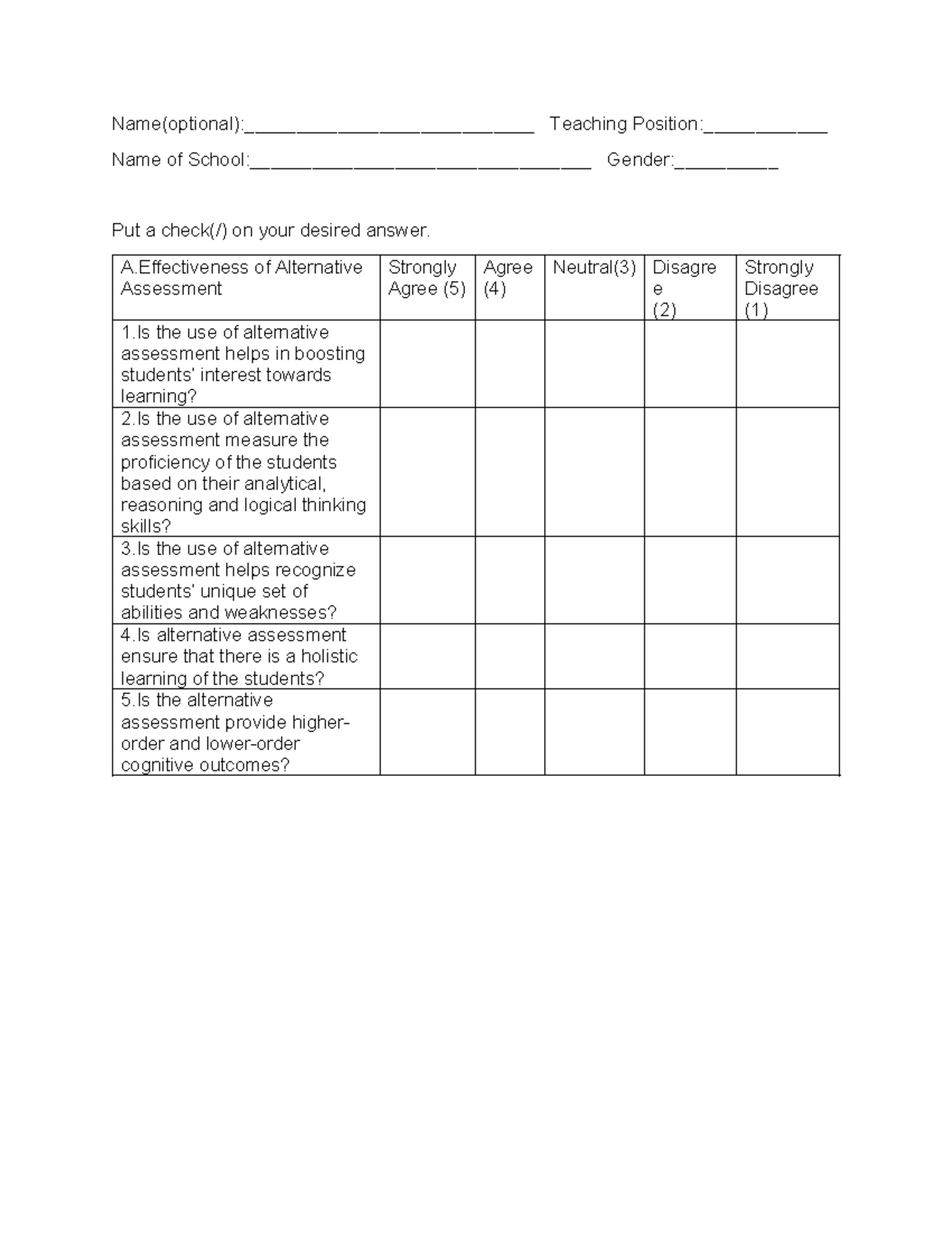 AL 2 survey - Name(optional):____________________________ Teaching ...