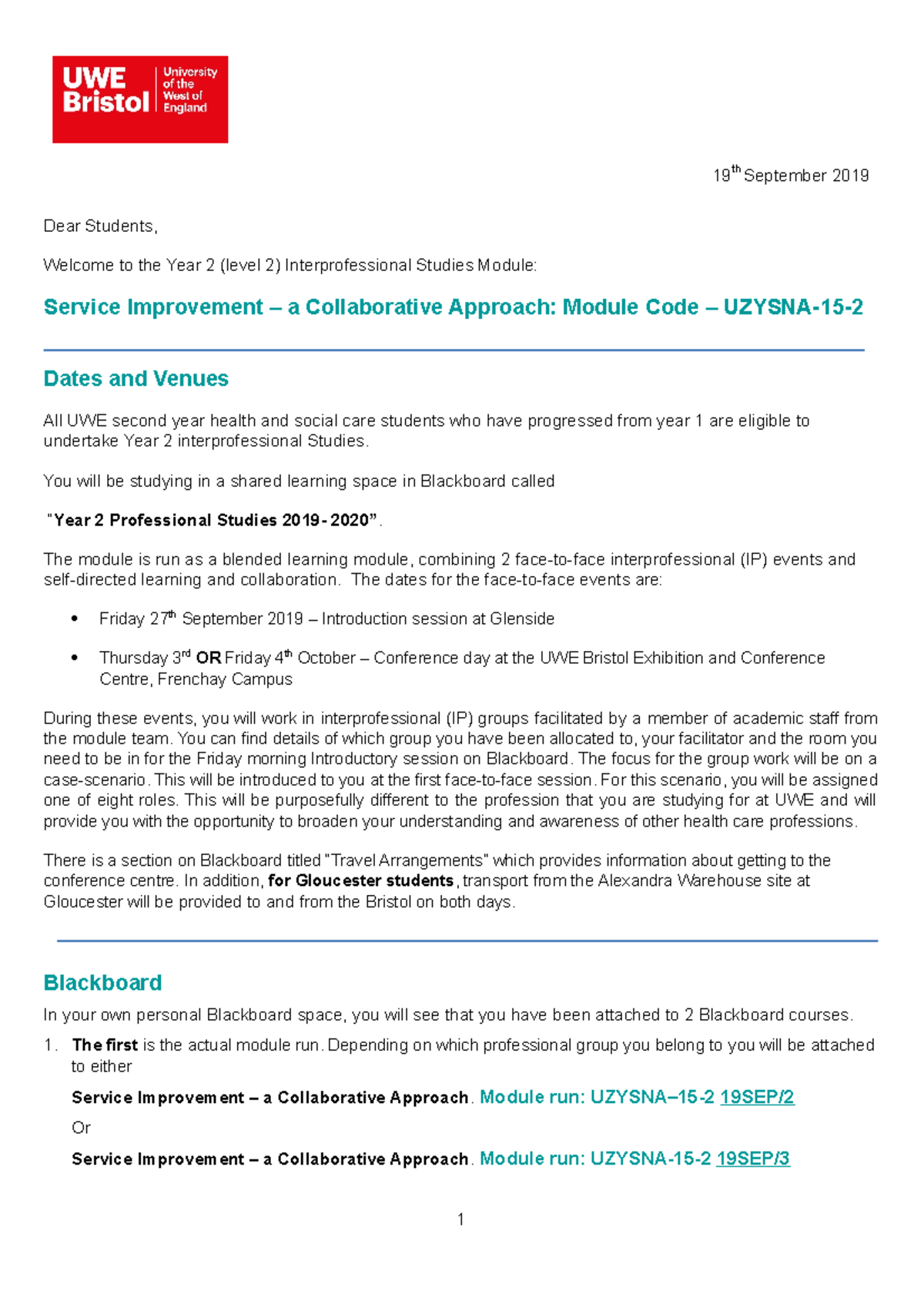 (Service Improvement Module) Introduction letter to all Year 2 UWE ...