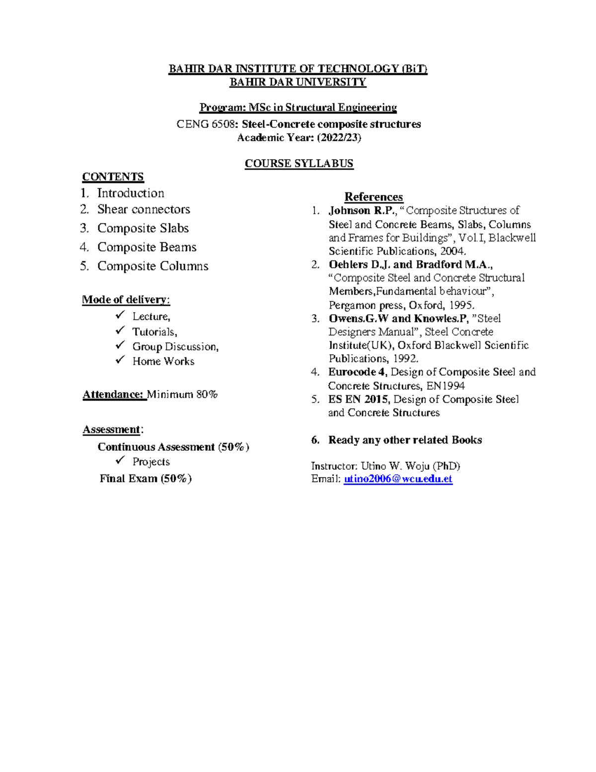 Course Syllabus Bahir Dar Institute Of Technology Bit Bahir Dar University Program Msc In