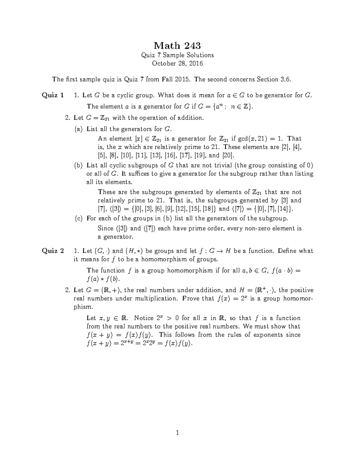Quiz7ssols - Practice material solutions - Math 243 Quiz 7 Sample ...