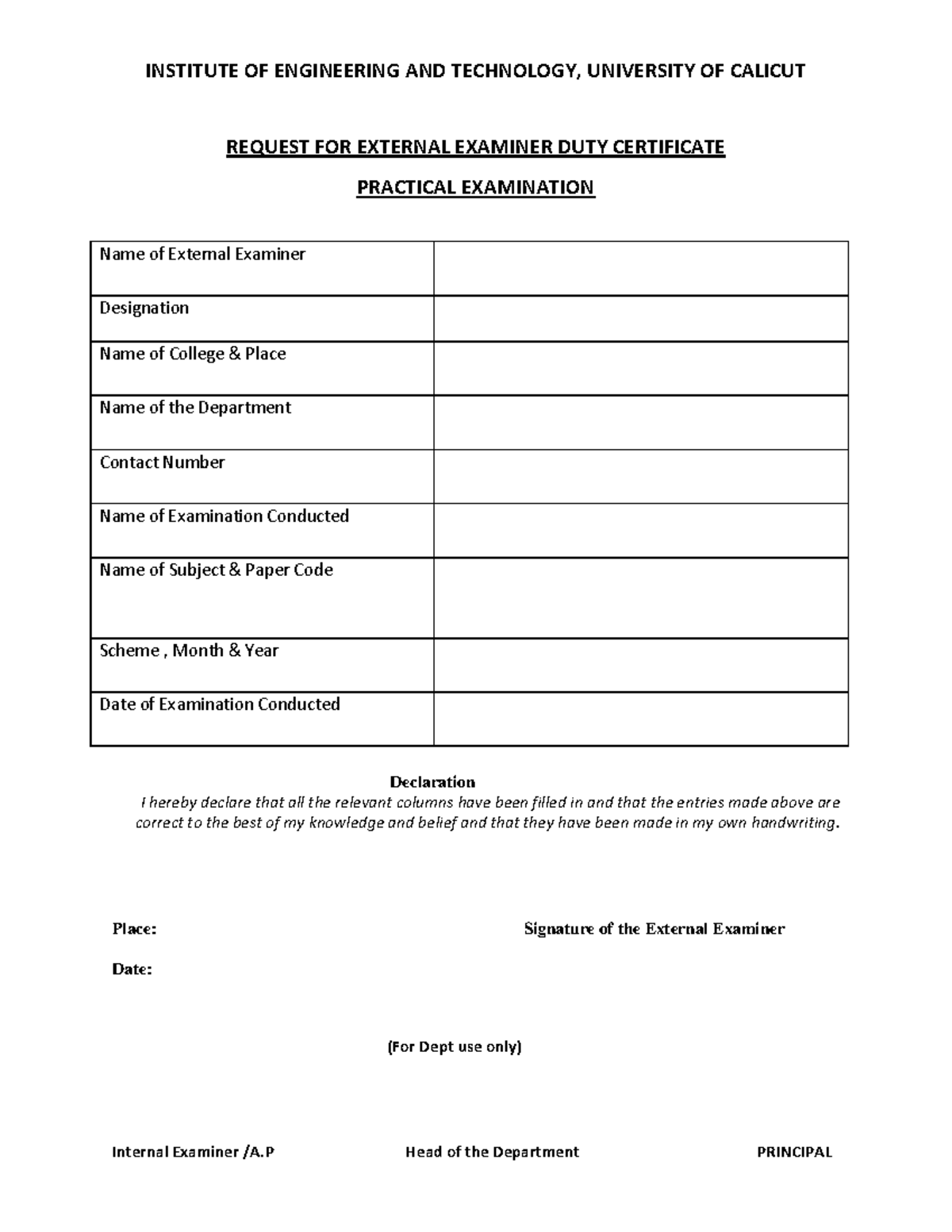 Request FOR External Examiner DUTY Certificate - INSTITUTE OF ...