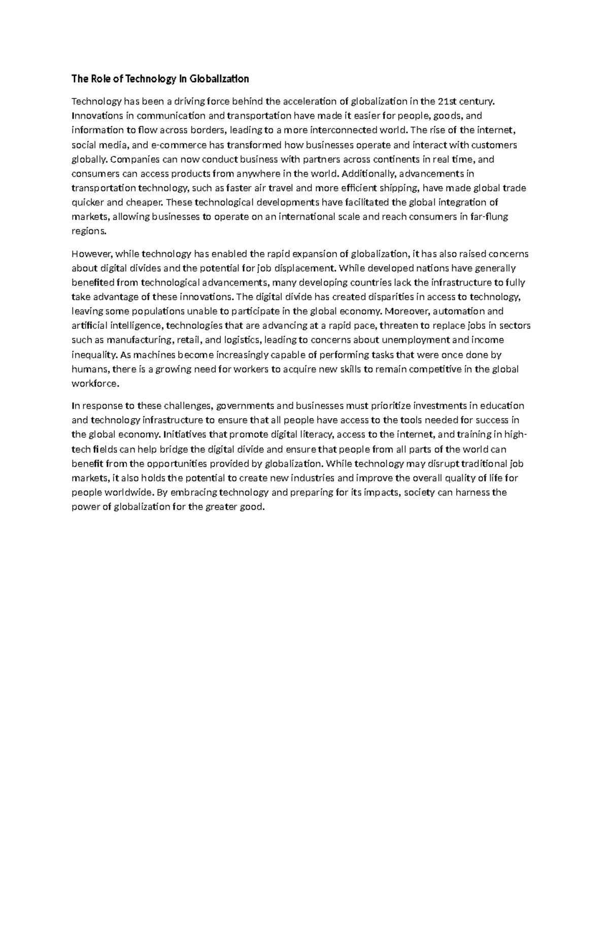 The Role of Technology in Globalization - The Role of Technology in ...