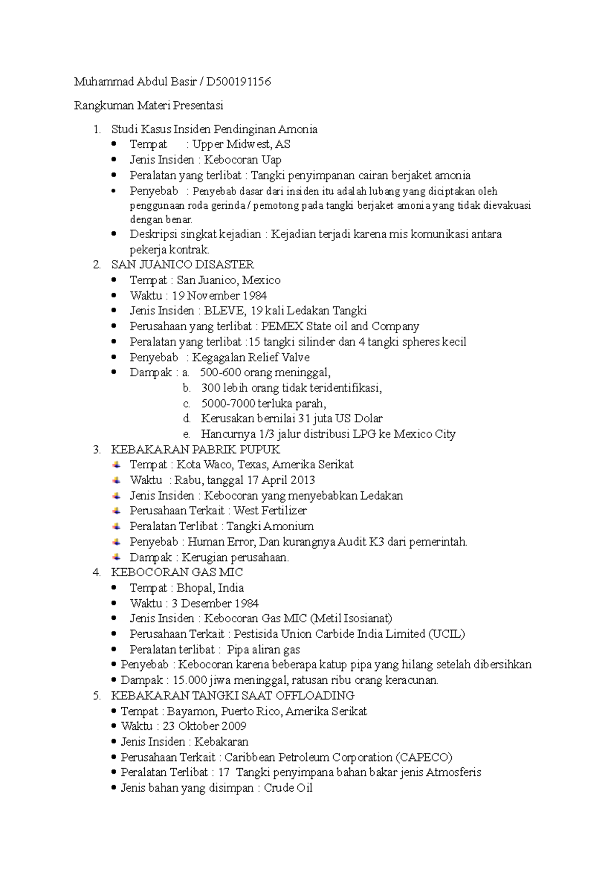 Rangkuman Presentasi insiden pabrik kimia - Muhammad Abdul Basir / D ...